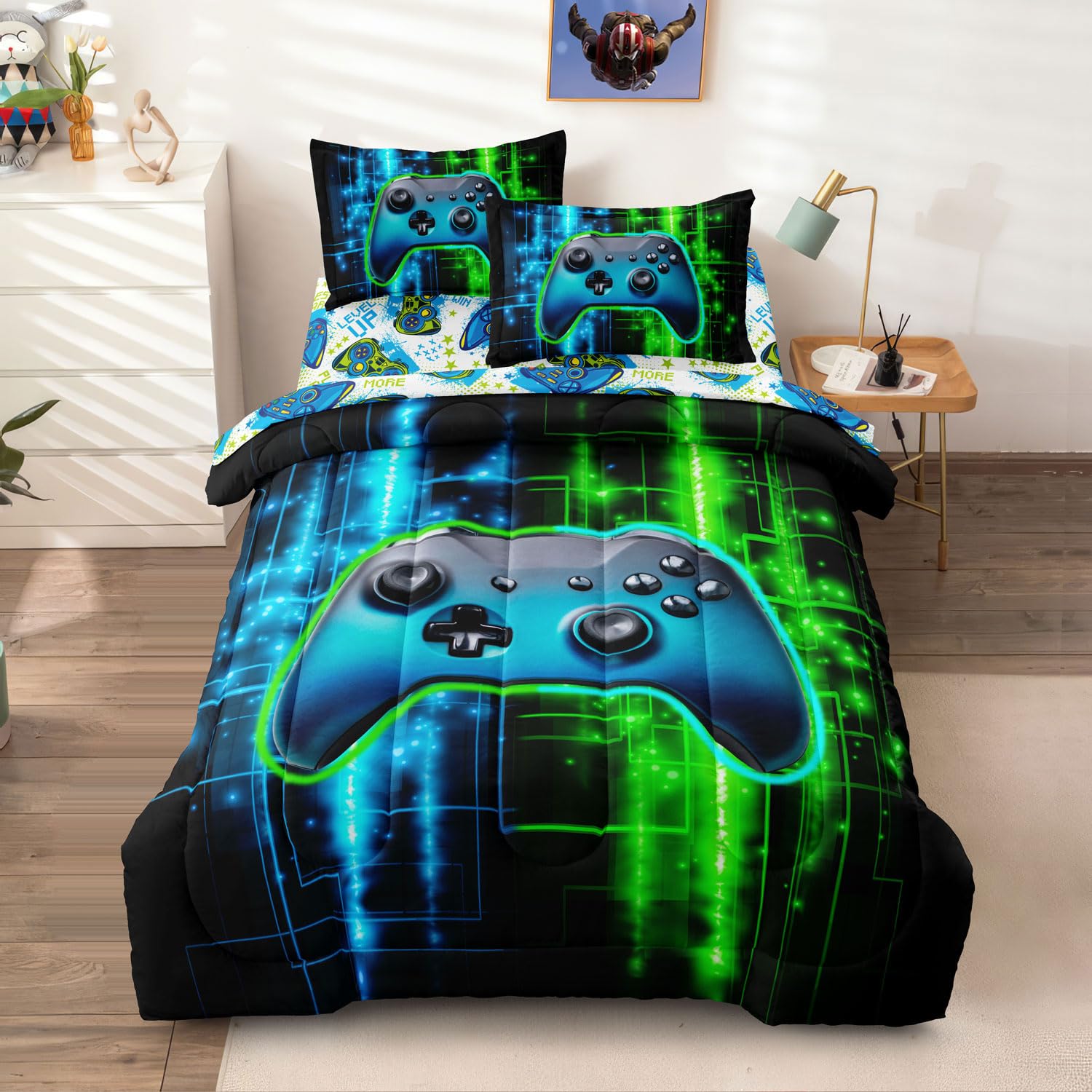 Leaflin Boys Gaming Bedding Sets Twin Size Gamer Comforter Sets for Boys Girls, Soft Kids Teens Twin Bed Sets for Boys, Green Blue Gaming Decor for Boys Bedroom, Lightweight Boys Bed in a Bag Twin
