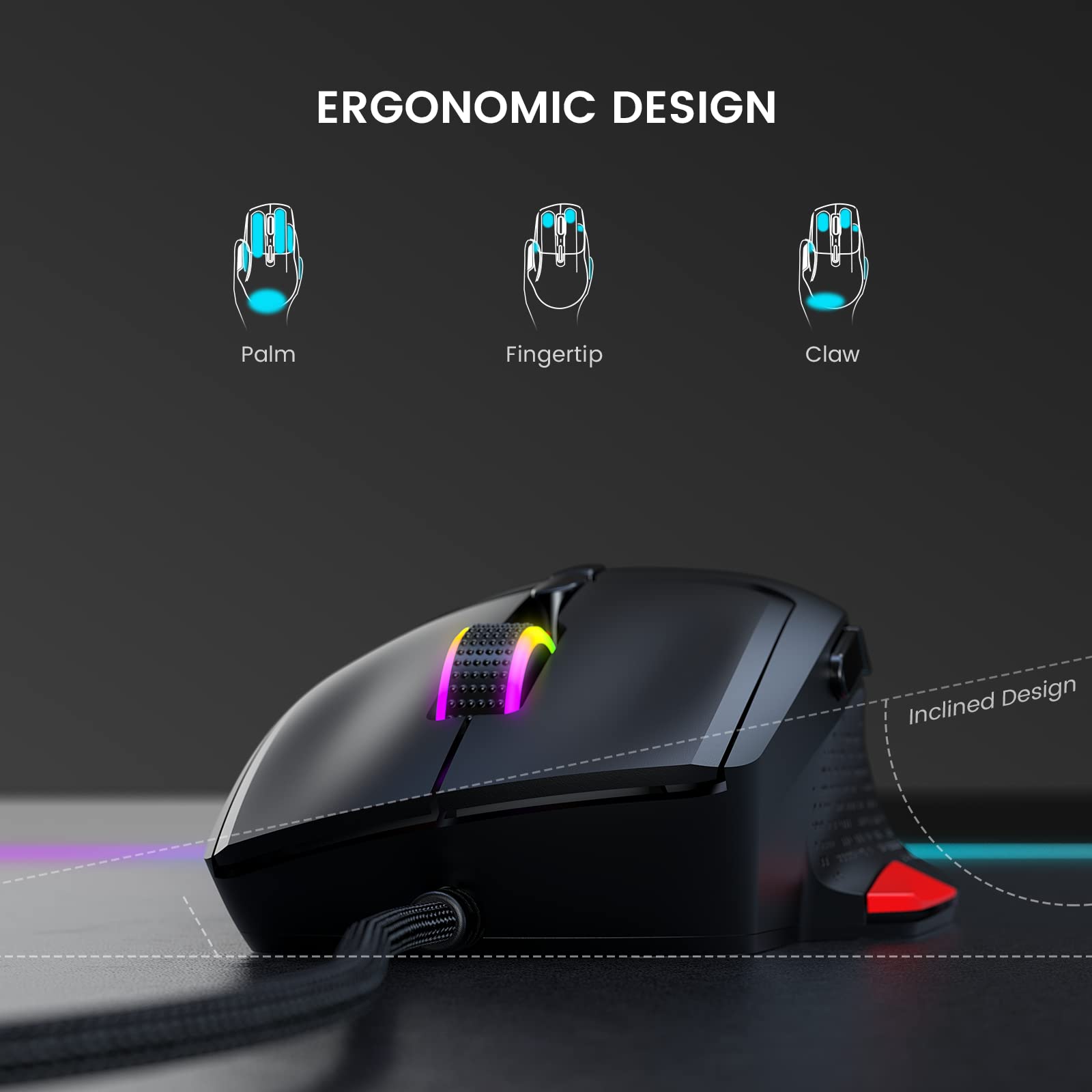 EKSA Gaming Mouse Wired, 90g PC Gaming Mice with 200-12000 DPI Adjustable, 9 Programmable Buttons, 12 RGB Backlit, Sniper Button, Ergonomic Computer Mouse for Windows/PC/Mac/Laptop