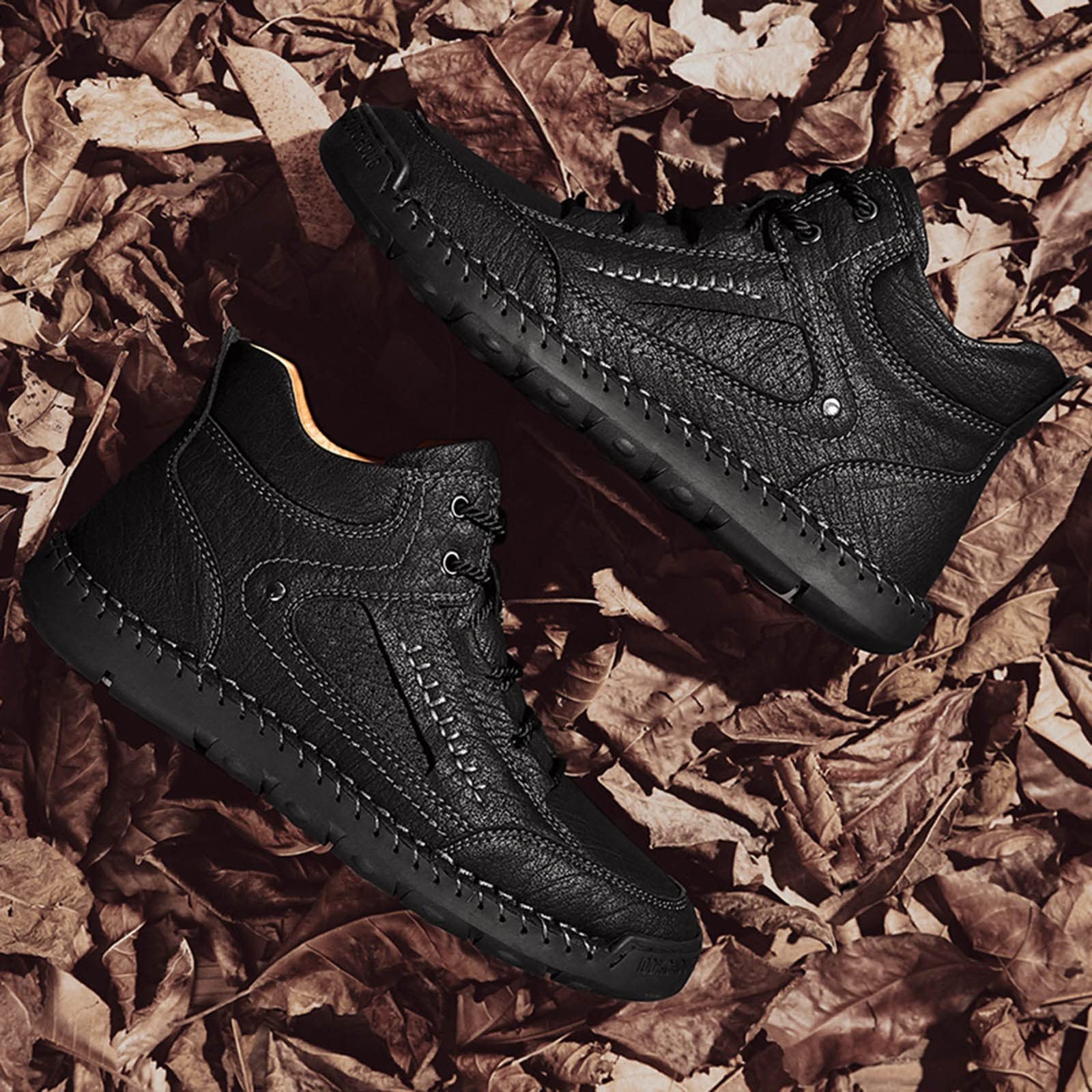 FASDNENDYS 2022 New Large Size Border Handmade Retro Stitched Leather Comfortable Casual Shoes Mens Wide Slip on Shoes Black