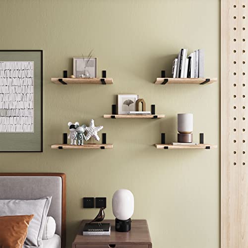 YGEOMER Floating Shelves, Set of 8, Rustic Wall Shelves, Wood Floating Shelf for Bedroom, Living Room, Book and Bathroom(Carbonized Black)