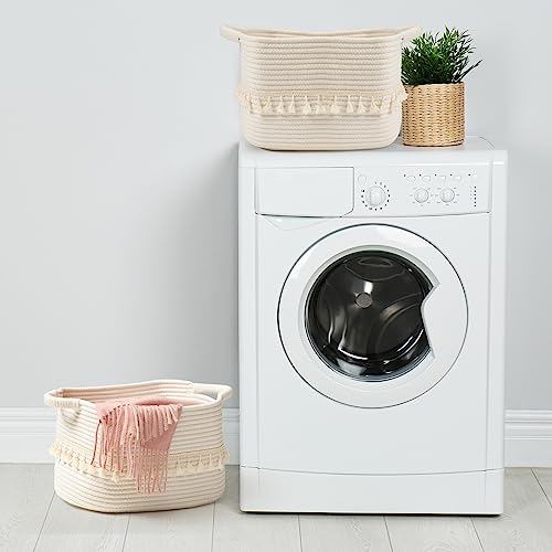 TeoKJ White Cotton Ropen Baskets for Storage, Set of 3 Woven Clothes Basket for Organizing and Storage, Blanket Basket for Living Room Laundry Bathroom Shelves