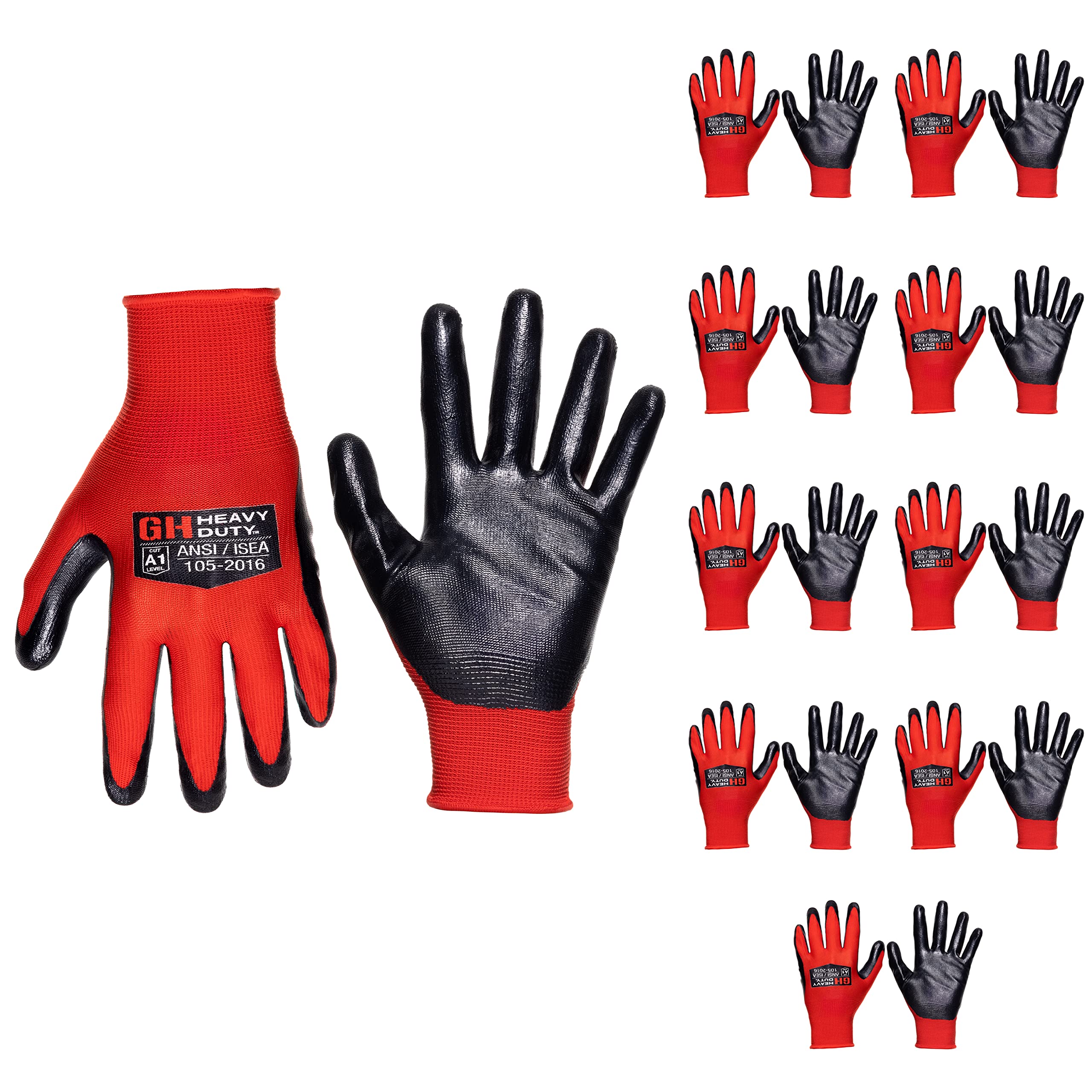 GH Heavy Duty Nitrile Reusable Work Gloves, All Purpose Work Gloves with Cut Resistant Palm, Gloves for Tasks Needing Hand Protection, 10-Pack (Red), Large