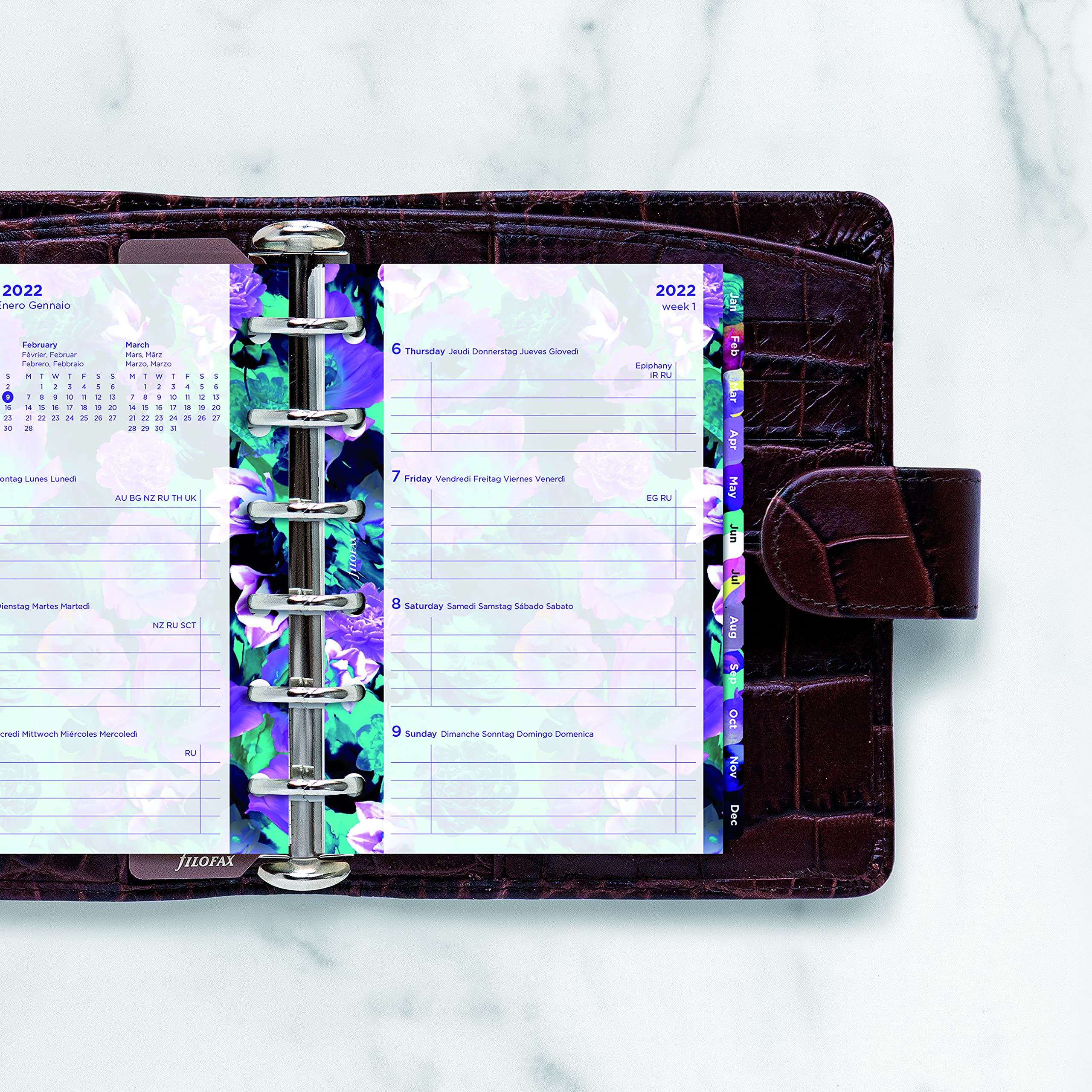 Filofax Refill, Pocket Size, Week-to-View, Illustrated Floral Diary Pack with Four-Color Print Design, Multilingual: Five Languages, 2022 (C6321-22)