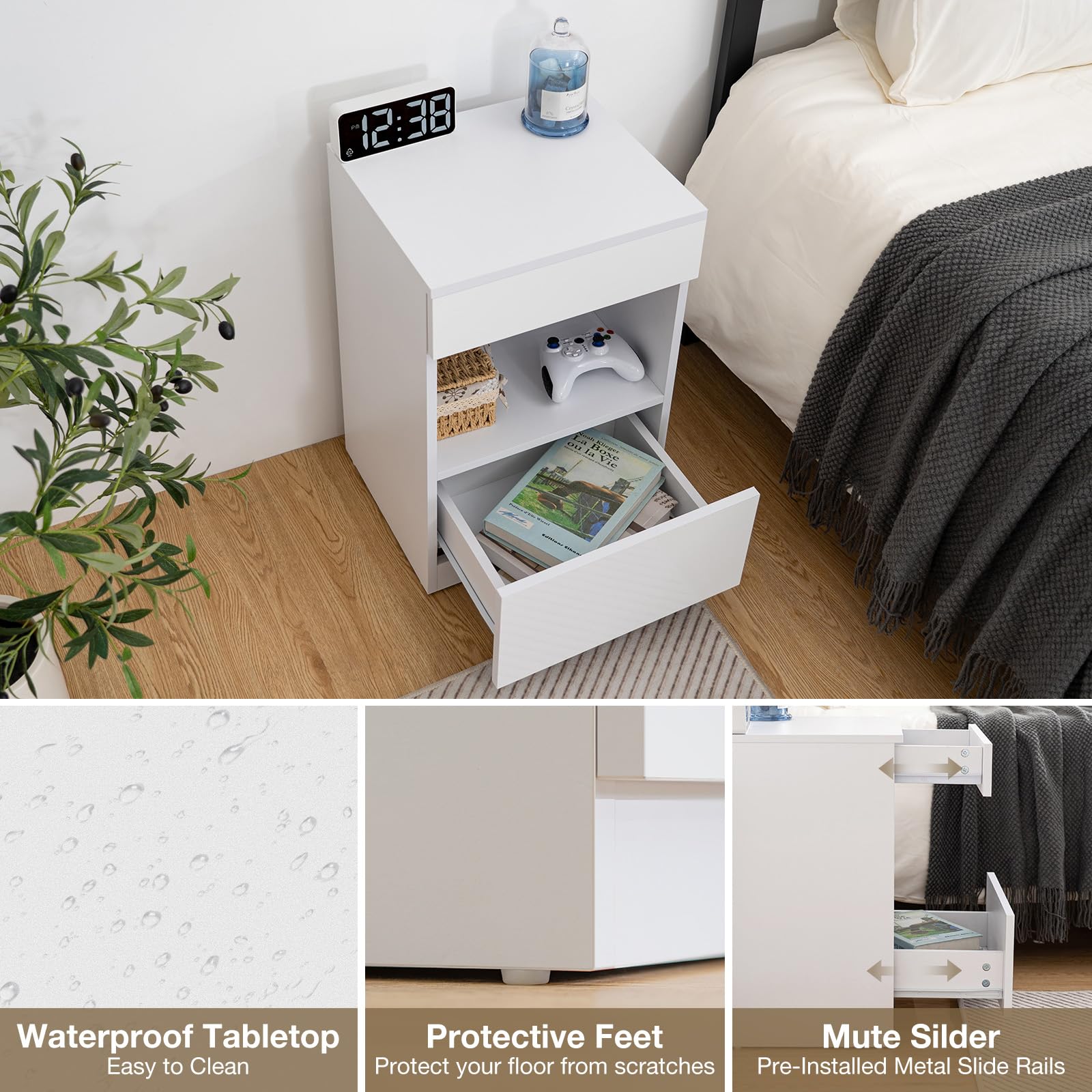 HOMMPA Wood Nightstand, Black Night Stand with 2 Drawers, Bedside Table with Storage Shelf, End Tables with Drawers, Bedroom Side Tables High Gloss Tall Nightstand