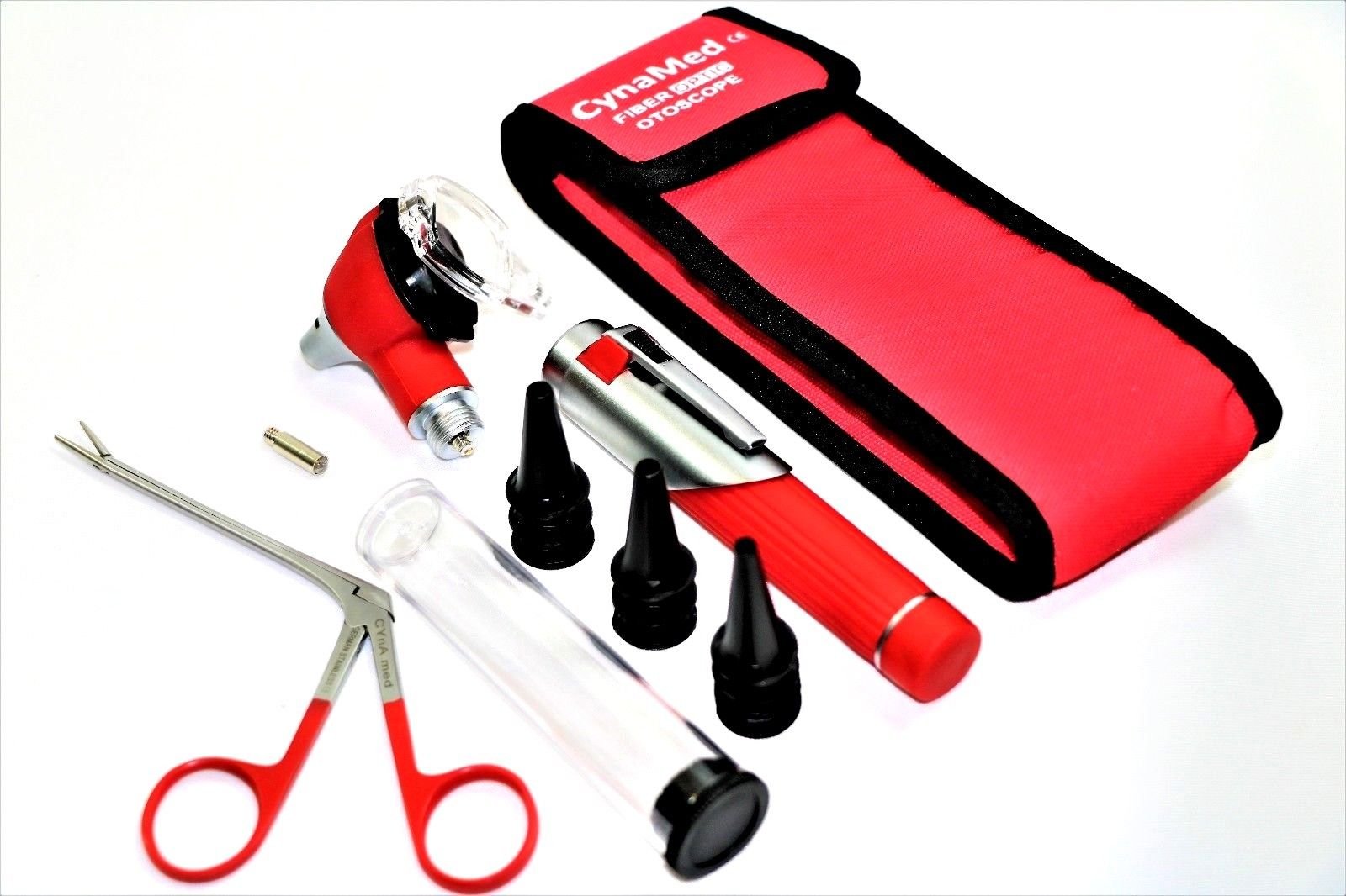 Premium Student Home Use Led Bright Light ENT Diagnostic Otoscope Pocket Size Red Plus Alligator Ear Nose Forceps Plus 1 Extra Replacement Bulb Cynamed