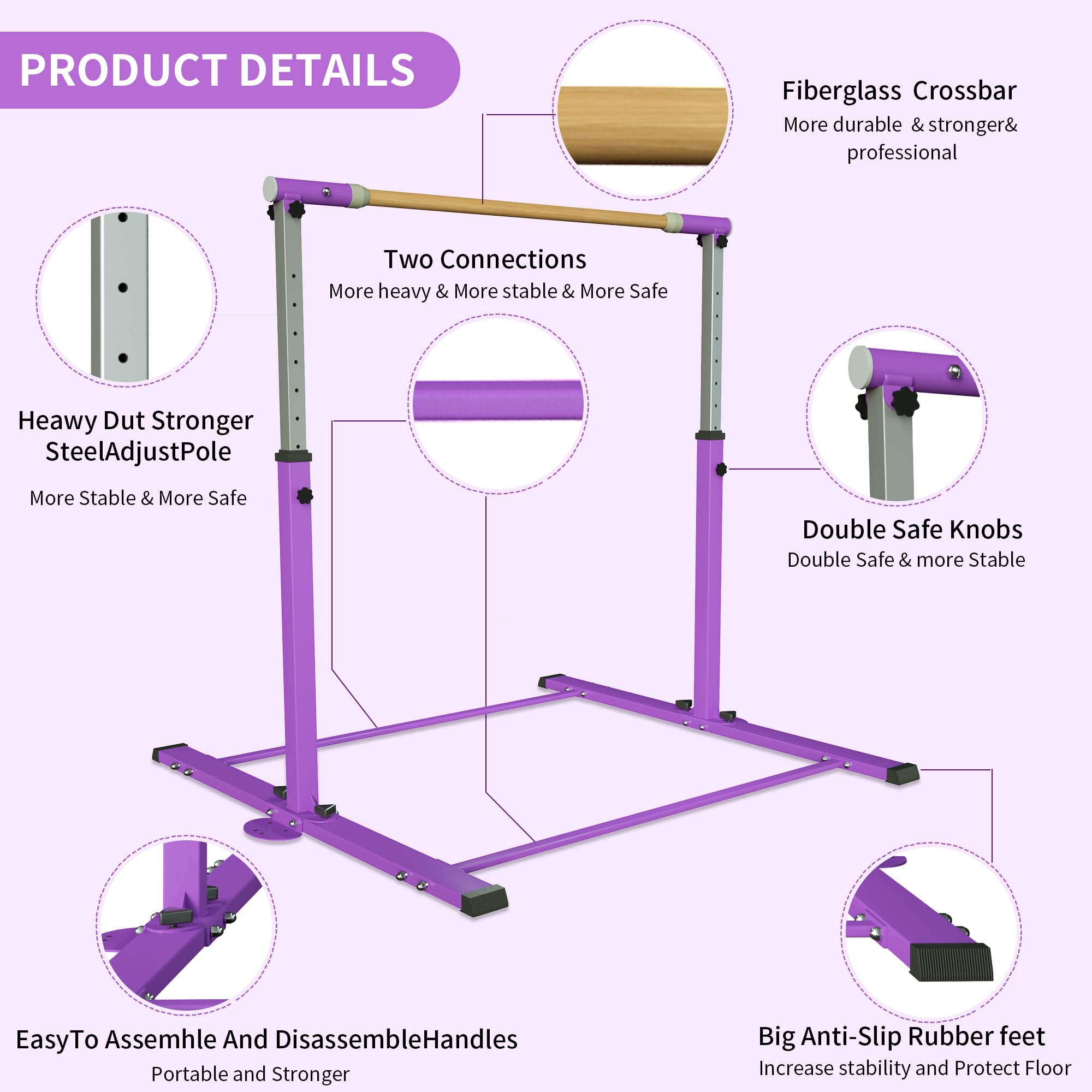 EL&IT·Wings Kip Bar,Horizontal Bar,Adjustable Height 3'-5' Gymnastics Bar,Fiberglass Rail & 304 Stainless Steel Regulating Arms,Kids and Gymnast Exercise Home&Gym Club Use (53*9.7*7inch, Purple, 1)
