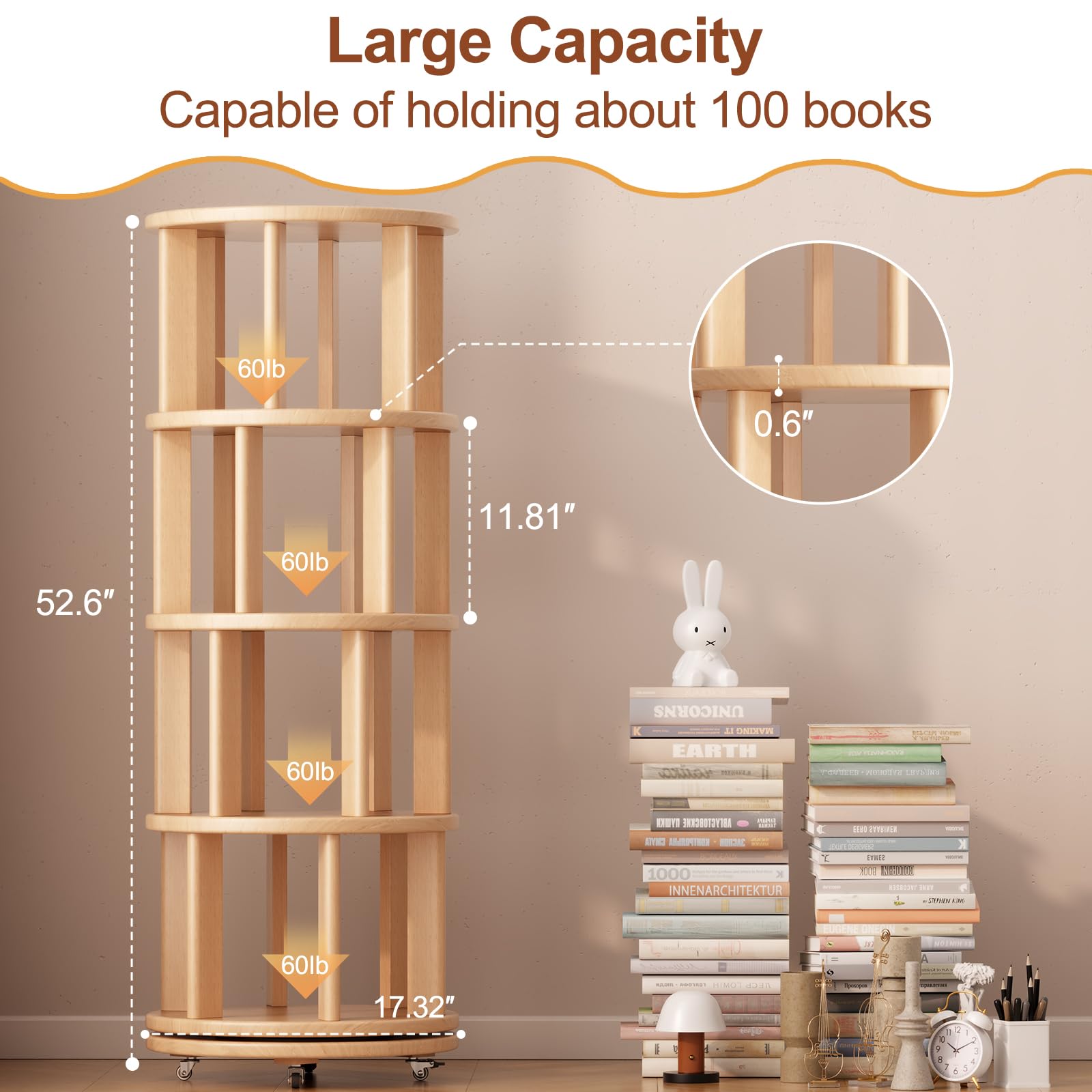 KASLANDI Solid Wood Rotating Bookshelf with Brake Wheels, 360°Display 6 Tier Floor Stackable Spinning Bookshelf Tower for Kids & Adults, Revolving Bookcase for Small Space, Corner (Walnut)