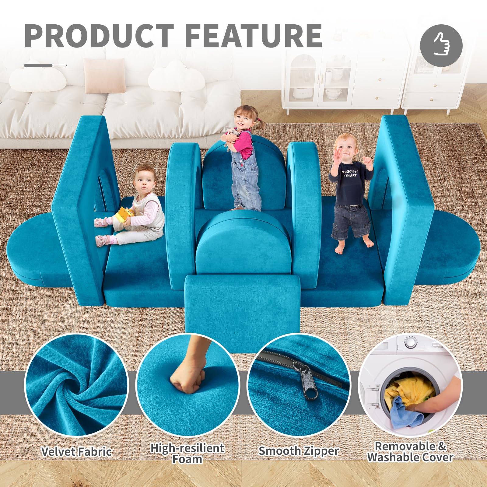 Kids Couch, 12PCS Modular Toddler Couch with 4 Arches and 2 Triangular Cushions, Fold Out Kids Couch for Playroom, Bedroom, Modular Kids Couch for Boys and Girls, Kids Play Couch for Kids (Blue)
