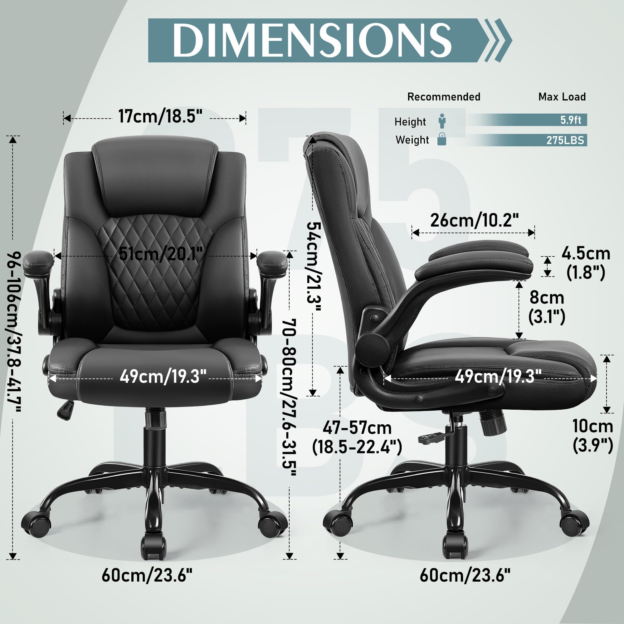 Leather Office Chair, PU Home Computer Desk Chairs with Ergonomic Back Support, 360°Swivel Free,Small Gmaing Chair with Wheels and Adjustable Armrests, for Short People Use, Black