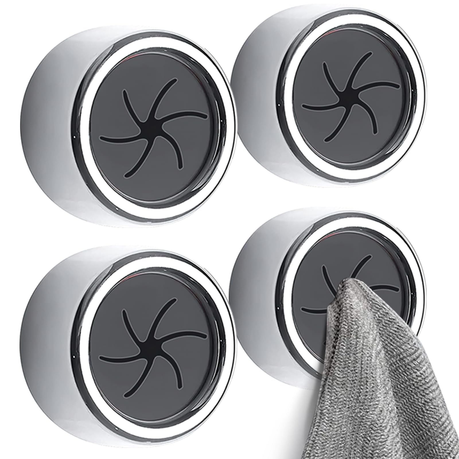 Eiqer 4 Pack Kitchen Towel Holder, Self Adhesive Wall Dish Towel Hook, Round Wall Mount Towel Holder for Bathroom, Kitchen and Home, Wall, Cabinet, Garage, No Drilling Required