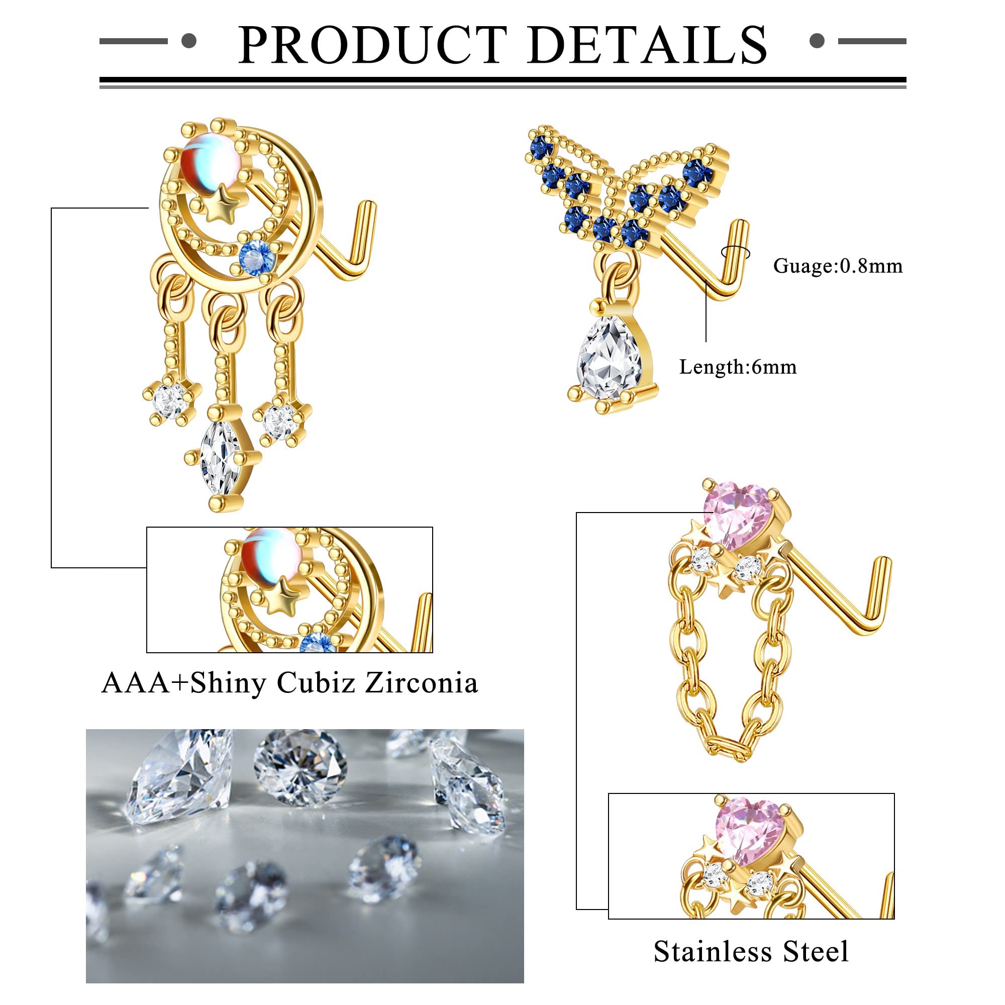 Florideco 9Pcs 20G Dangle Nose Rings Studs for Women Dangle Nose Ring Studs Stainless Steel L Shaped Nose Studs Heart Blue Planet CZ Dangling Nose Piercing Jewelry Gold