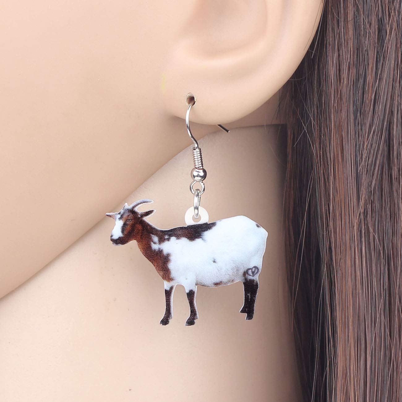DUOWEI Acrylic Lovely Goat Earrings Novelty Drop Dangle Jewelry for Women Lovers Unique Gifts and Souvenir (White and Brown)