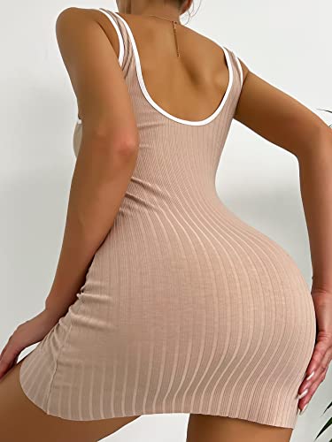 SHENHE Women's Sleeveless Scoop Neck Nightgown Sleepwear Pajama Dress with Thong Khaki L