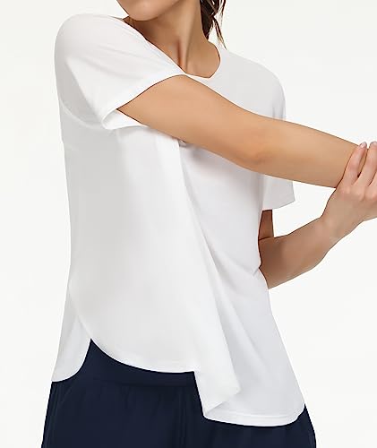 THE GYM PEOPLE Women's Short Sleeve Workout Shirts Breathable Yoga T-Shirts with Side Slits Athletic Tee Tops White