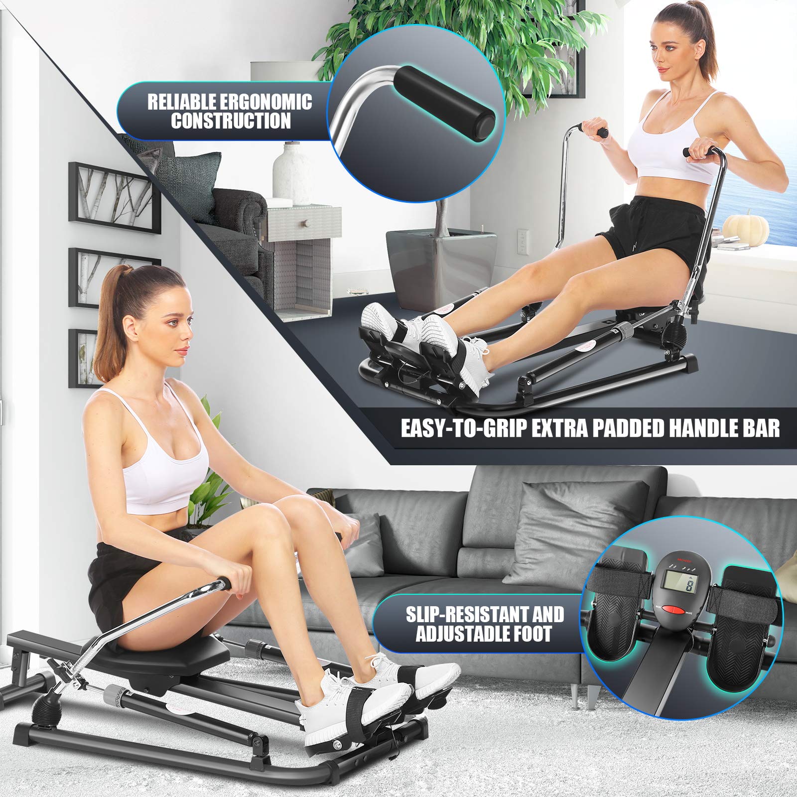 FUNMILY Rowing Machines for Home Use, Foldable Rowers, Exercise Equipment Cardio Training Fitness with 12 Level Smooth Hydraulic Resistance Black