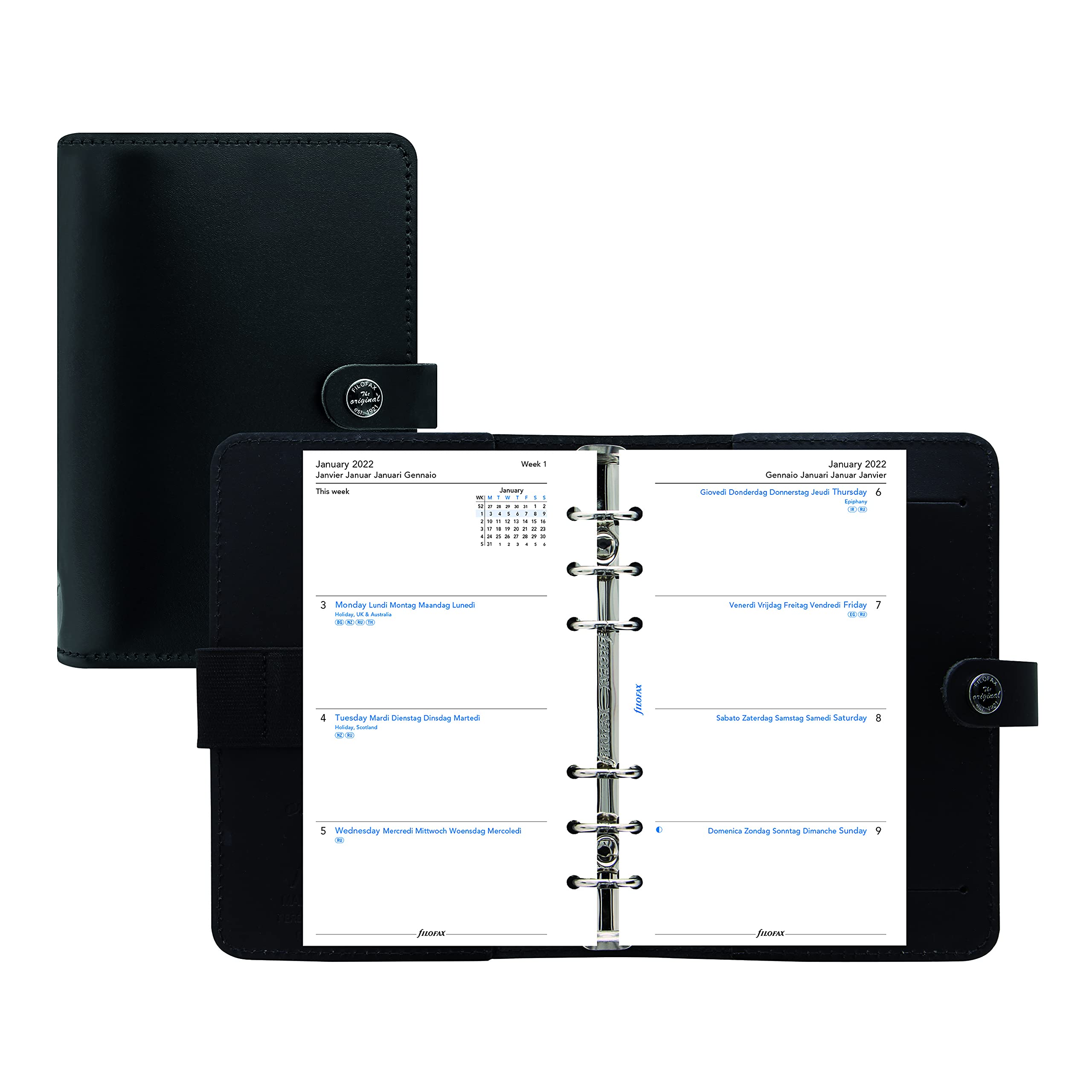 Filofax The Original Organizer, Personal Size, Black - Leather, Six Rings, Week-to-View Calendar Diary, Multilingual, 2022 (C022508-22)