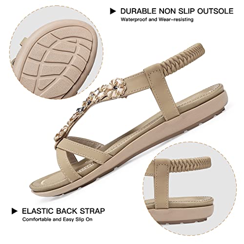 SHIBEVER Sandals Women Flat Dressy: Summer Comfortable Walking Sandal Bohemian Ankle Strap Shoes Outdoor Apricot 8.5