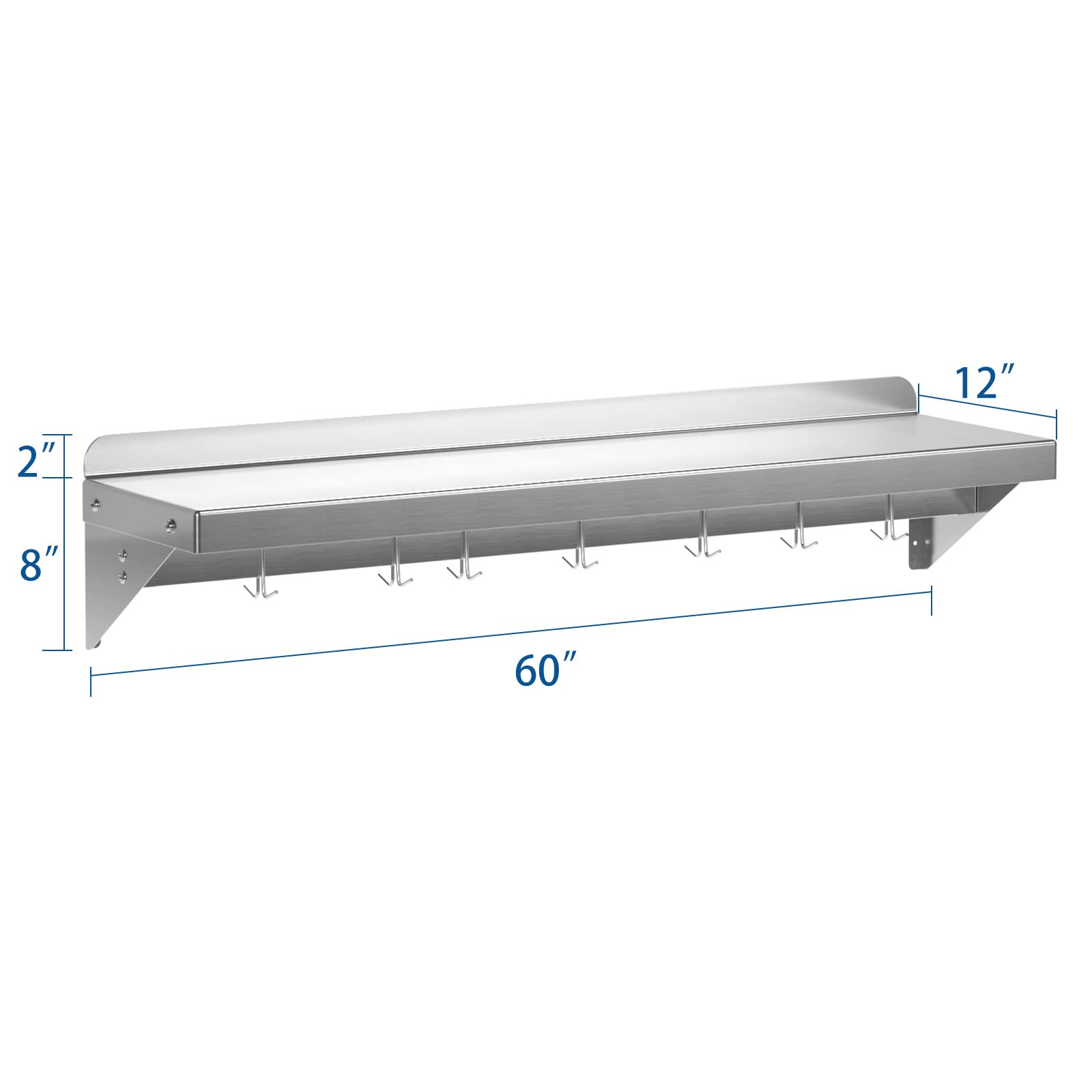 KIETLER 12" x 60" NSF Certified Stainless Steel Wall Mount Shelf - Multifunctional Metal Storage Rack with Backsplash and 7 Hooks