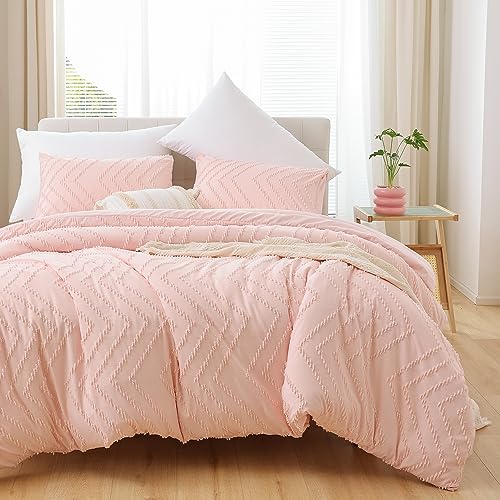 YIRDDEO Pink Comforter Queen Size 3Pcs, Boho Chevron Comforter Set Queen Blush Farmhouse Bedding Sets Queen, Vertical Tufted Comforter, Lightweight Neutral Boho Bed Set (1 Comforter, 2 Pillowcases)