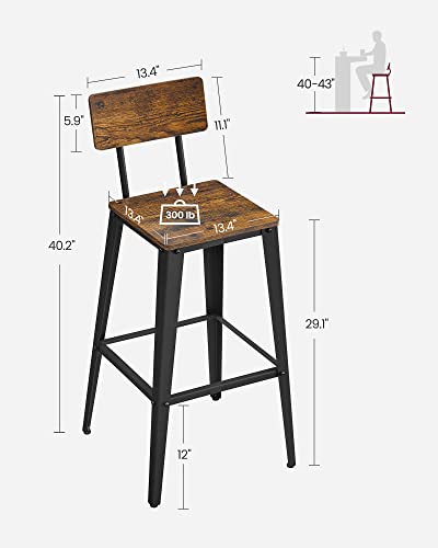 VASAGLE Set of 2 Bar Stools, Bar Height Stools, Tall Bar Stools with Back, Bar Chairs, Steel Frame, Industrial Style, Easy Assembly, Rustic Brown and Black ULBC078B01