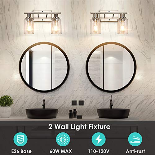 ShineTech 2-Light Bathroom Vanity Light Fixtures, Modern Vanity Lights with Clear Glass Shade, Brushed Nickel Bathroom Wall Light, Wall Sconce Wall Lamp for Mirror Kitchen Living Room Bedroom Hallway
