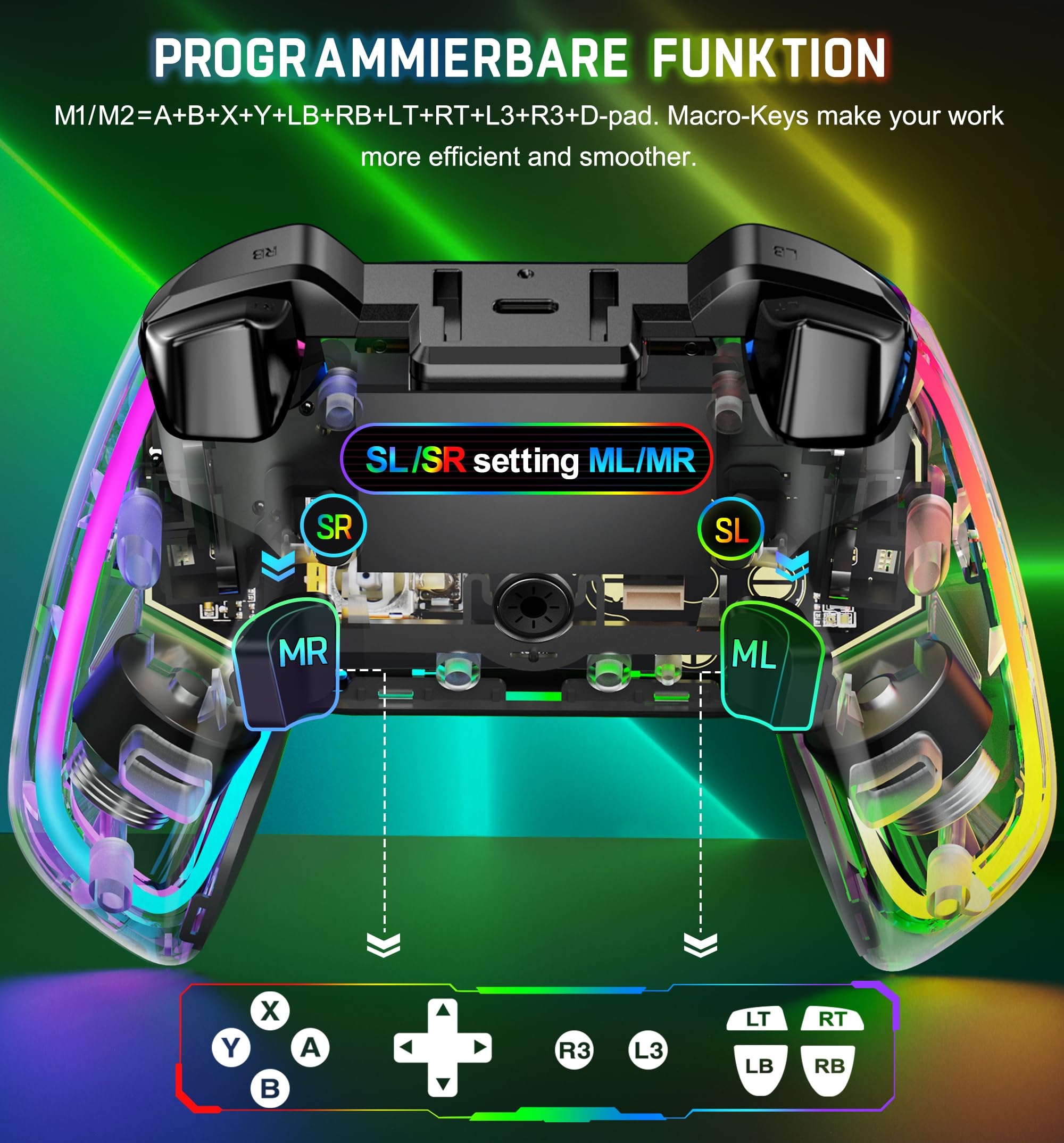 EUROA Switch Controller, Switch Controllers Compatible with Switch/OLED/Lite, Cool RGB Light Controller for PC/Android/iOS, Wireless Switch Controller with Clear Shell/Macro/Wakeup
