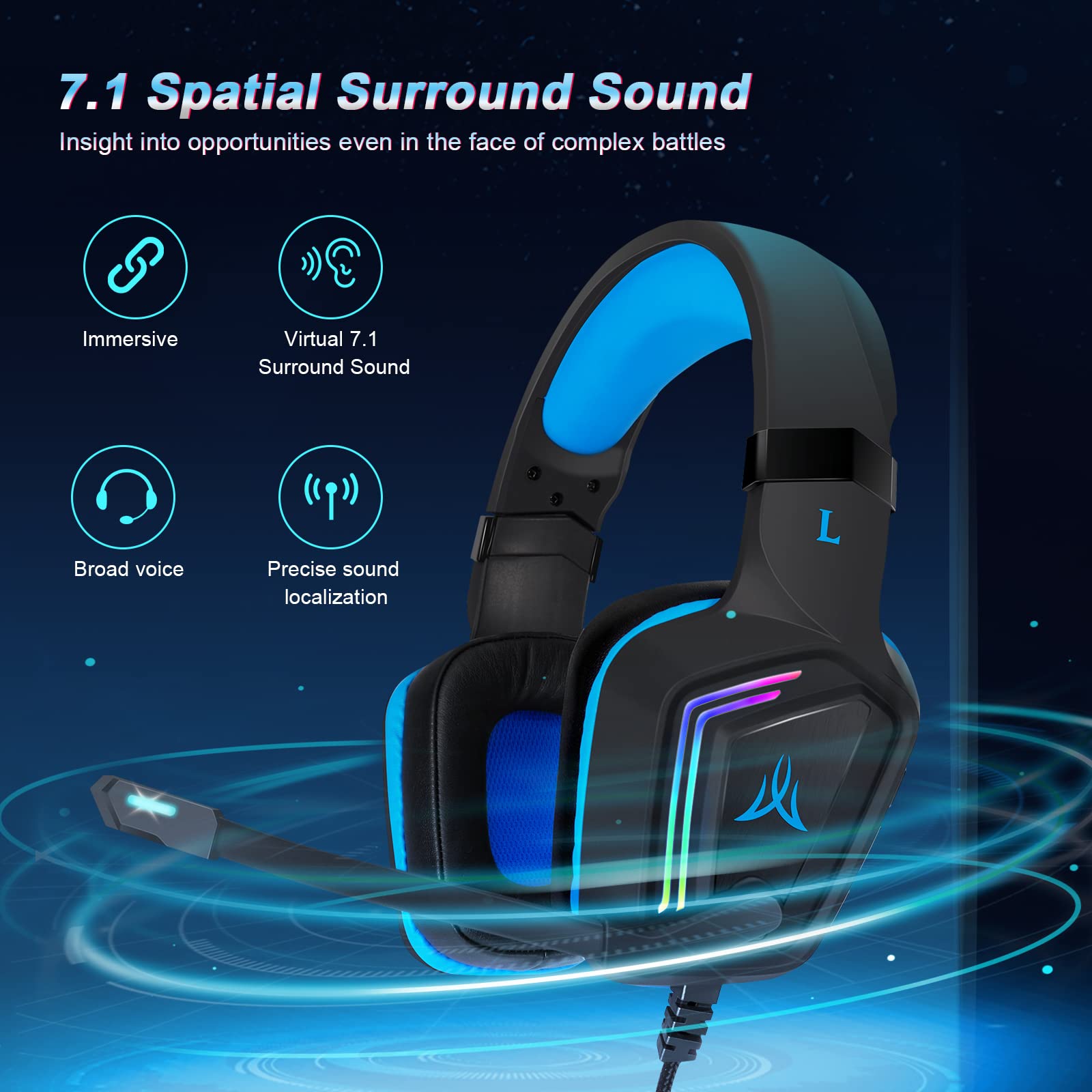 EMPERFIRE 7.1 Surround Sound Gaming Headset with Microphone,Gaming Headphones with Noise Cancelling RGB LED Light Soft Memory Earmuffs for PC Switch Playstation Xbox PS4 PS5 Laptop