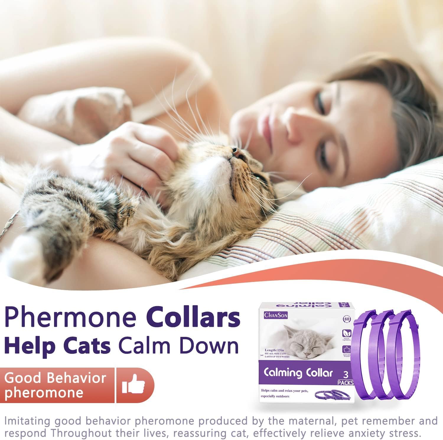 OCSOSO Calming Collar for Cats, Cat Calming Collar,Pheromone Collar Reduces Stress and Anxiety Calm Cats from Loud Noises, Separation, and Aggression Lasting 30days for Small and Medimu Cats 3Pack