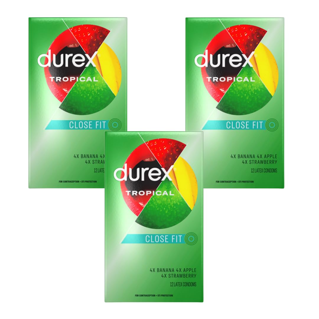 Durex Tropical Condoms, Natural Rubber Latex Condoms for Men, FSA & HSA Eligible, Exciting Flavors, 12 Count (Pack of 3)