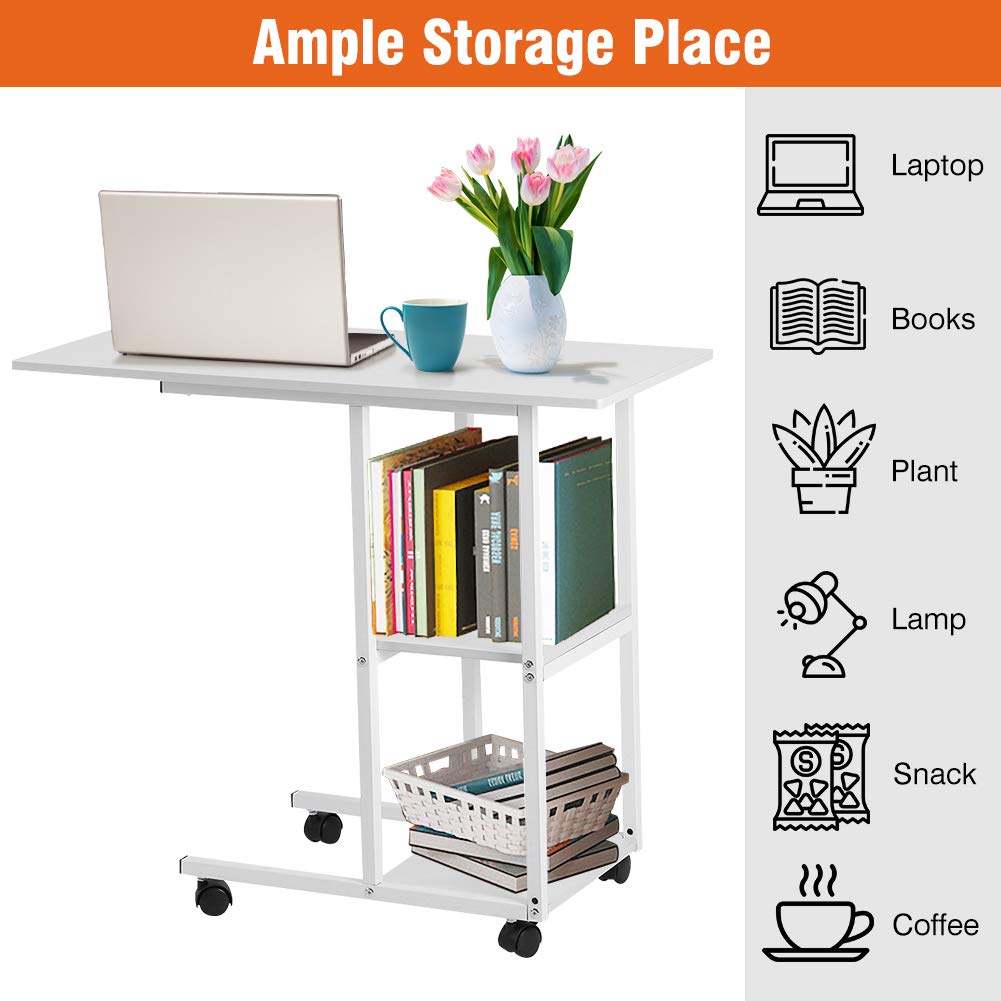 Ejoyous Side Tables Cart, Rolling Wheel Laptop Computer Desk Home Office Portable Mobile Over Bed Table Sofa Couch Side Table with Wheels Household Table, White