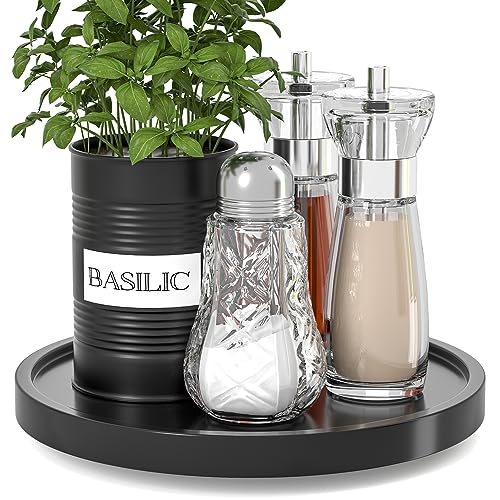 Lazy Susan Organizer for Table Cabinet, 9 inch Bamboo Kitchen Countertop Organizer for Salt Olive Oil and Pepper Counter Sink Trays Wooden Turntable for Spice Soap Bottles Dining Room Decor Black