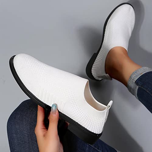 FASDNENDYS Fashion Autumn Women Casual Shoes Low Heel Flat Solid Color Fly Woven Mesh Breathable Comfortable Solid Men Fashion White