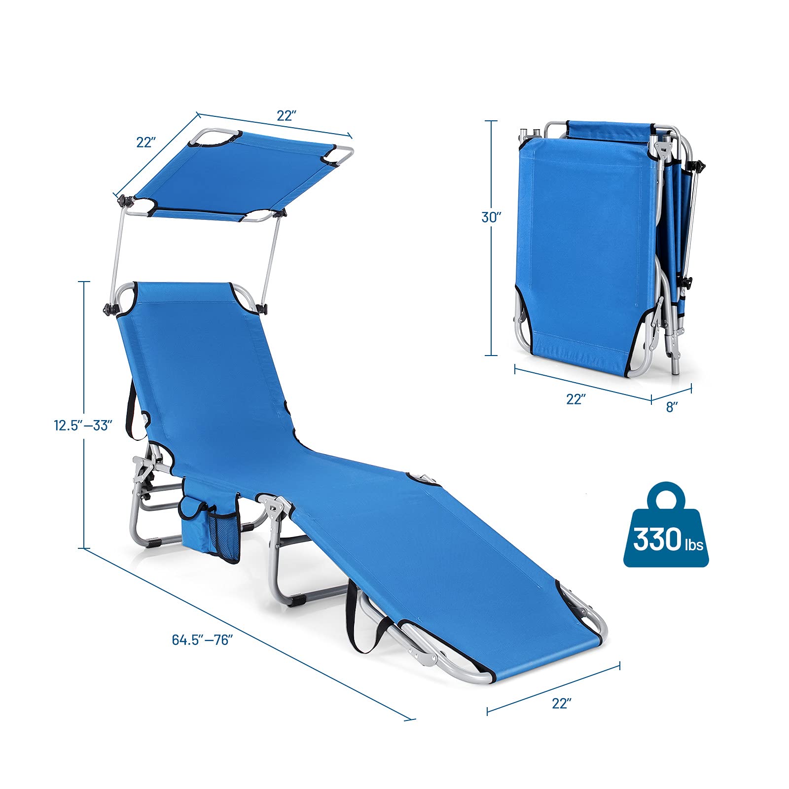Giantex Outdoor Folding Chaise Lounge, Portable Tanning Chair with 5 Adjustable Positions, 360°Rotatable Canopy Shade, Storage Pocket, Patio Lounge Chair for Beach, Lawn Sunbathing Chair (2, Navy)
