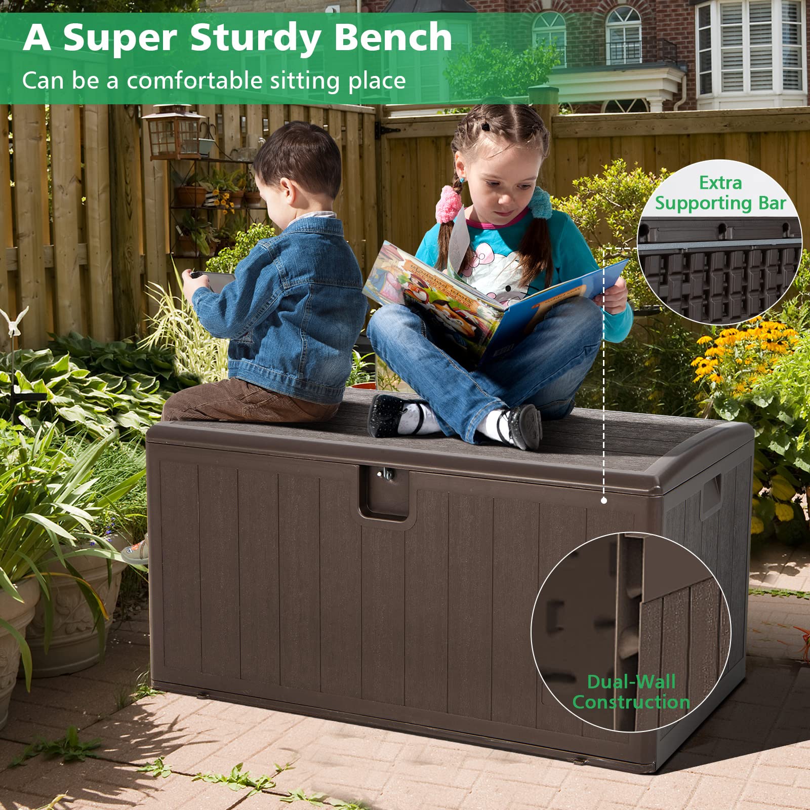 Giantex Outdoor Storage Deck Box Patio Bin - 105 Gallon Indoor/Outside Storage Box with Lockable Lid, Waterproof Storage Chest for Gardening Tools, Supplies, Cushions Storage Container (105 Gallon, Brown)