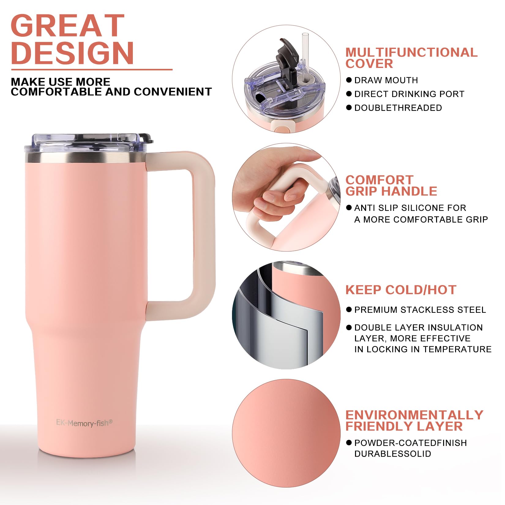 EK-Memory-fish 30 OZ Tumbler with Handle and Straw - Vacuum Insulated Water Bottle for Home, Office, Car - Reusable Cup with Straw【Rose Quartz】