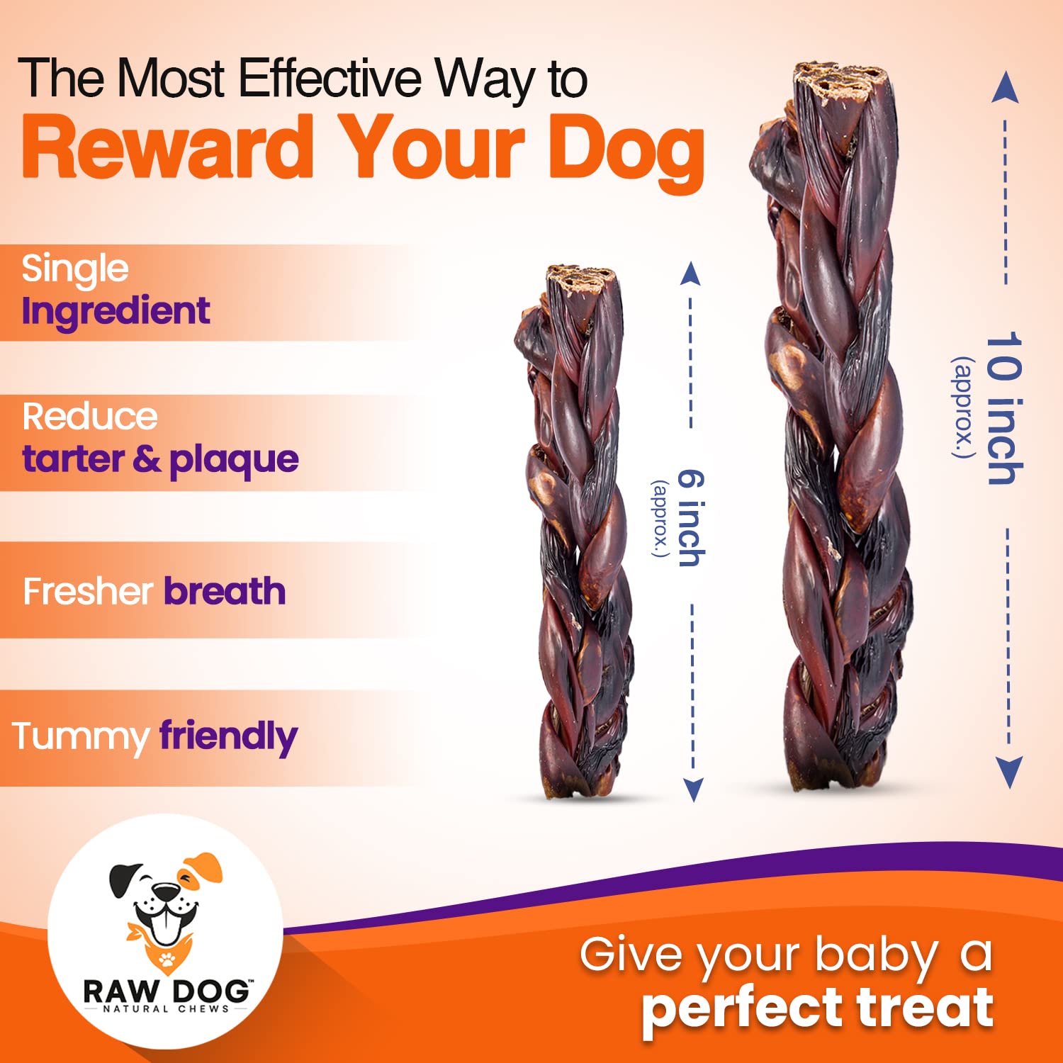 Raw Dog 6" Braided Beef Gullet Sticks (3 Pack) β 100% All Natural Dog Treats & Dental Chews, Non-GMO Grass Fed Beef, Chemical Free Low Odor