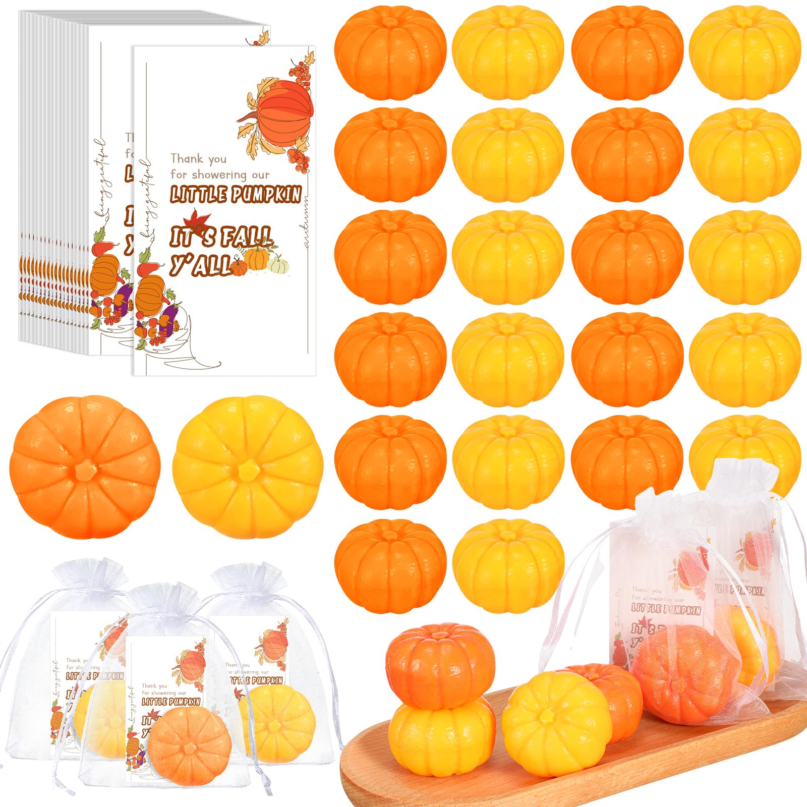 Liliful 100 Sets Mini Pumpkin Baby Shower Favors Included Pumpkin Soap Thanks Cards Drawstring Gift Bags for Fall Bridal Shower Wedding Autumn Thanksgiving Day Party Decorations Gifts