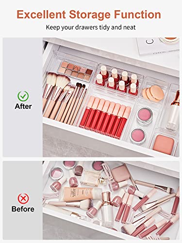 SMARTAKE 13-Piece Drawer Organizer with Non-Slip Silicone Pads, 5-Size Desk Drawer Organizer Trays Storage Tray for Makeup, Jewelries, Utensils in Bedroom Dresser, Office and Kitchen, Clear