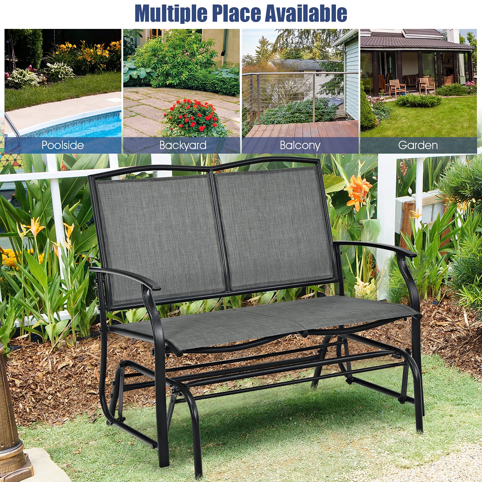Giantex Patio Glider Benches for Outside, Swing Glider Chair with Steel Frame, 400 LBS Capacity, Patio Swing Rocker, 2-Person Loveseat for Backyard, Poolside, Lawn, Balcony, Porch Glider Bench(Gray)