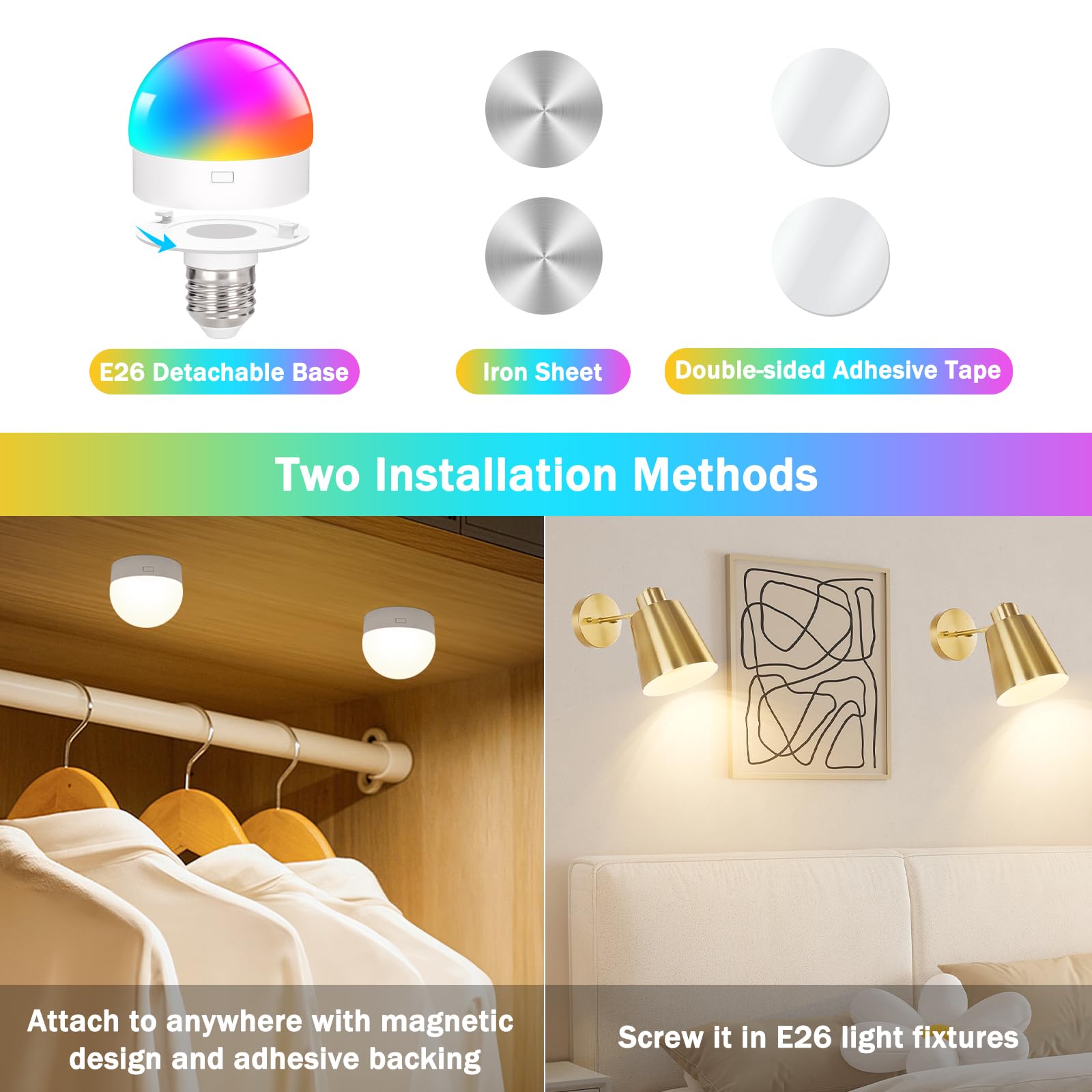 Odnora Rechargeable Battery Operated Light Bulbs with Remote Control 2 Packs, E26 Detachable Dimmable LED Bulb with 15 Colors & 3 Timer, Wireless Puck Light Bulbs for Lamps Wall Sconce, Non-Hardwired