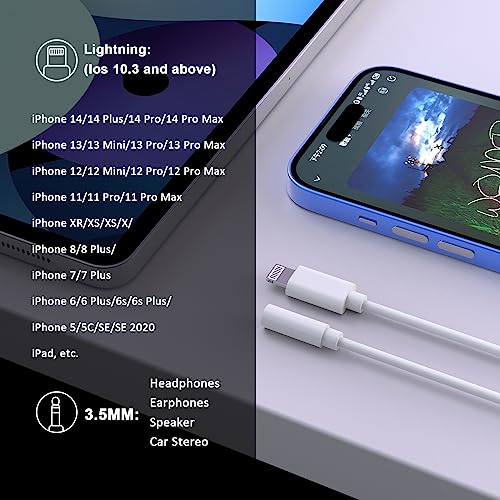 Lightning to 3.5 mm Headphone Jack Adapter, 2 Pack [Apple MFi Certified] iPhone 3.5mm Headphone/Earphone Jack Aux Audio Adapter Dongle for iPhone 14 13 12 11 Pro Max XS XR X 8 7 iPad, Support iOS 16