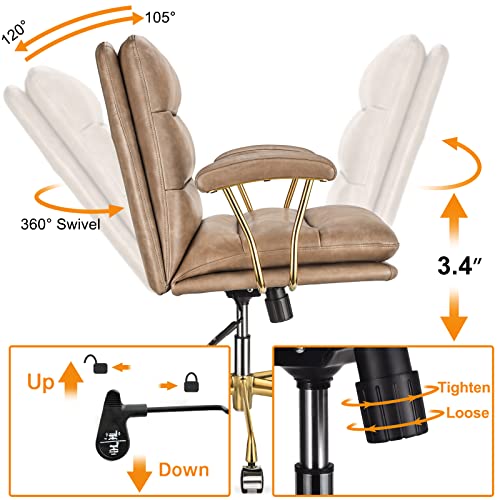 LEAGOO Mid Back Home Office Desk Task Chair with Wheels and Arms Ergonomic PU Leather Computer Rolling Swivel Chair with Padded Armrest (Khaki)