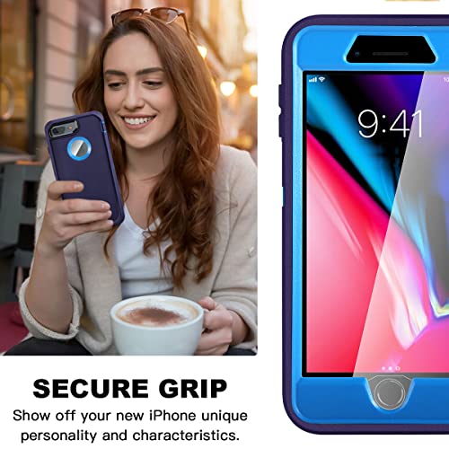iPhone 8 Plus/7 Plus Case, AICase [Heavy Duty] [Full Body] Tough 4 in 1 Rugged Shockproof Cover with Built-in Screen Protector for Apple iPhone 8 Plus/7 Plus (Dark Blue/Light Blue+Belt Clip)