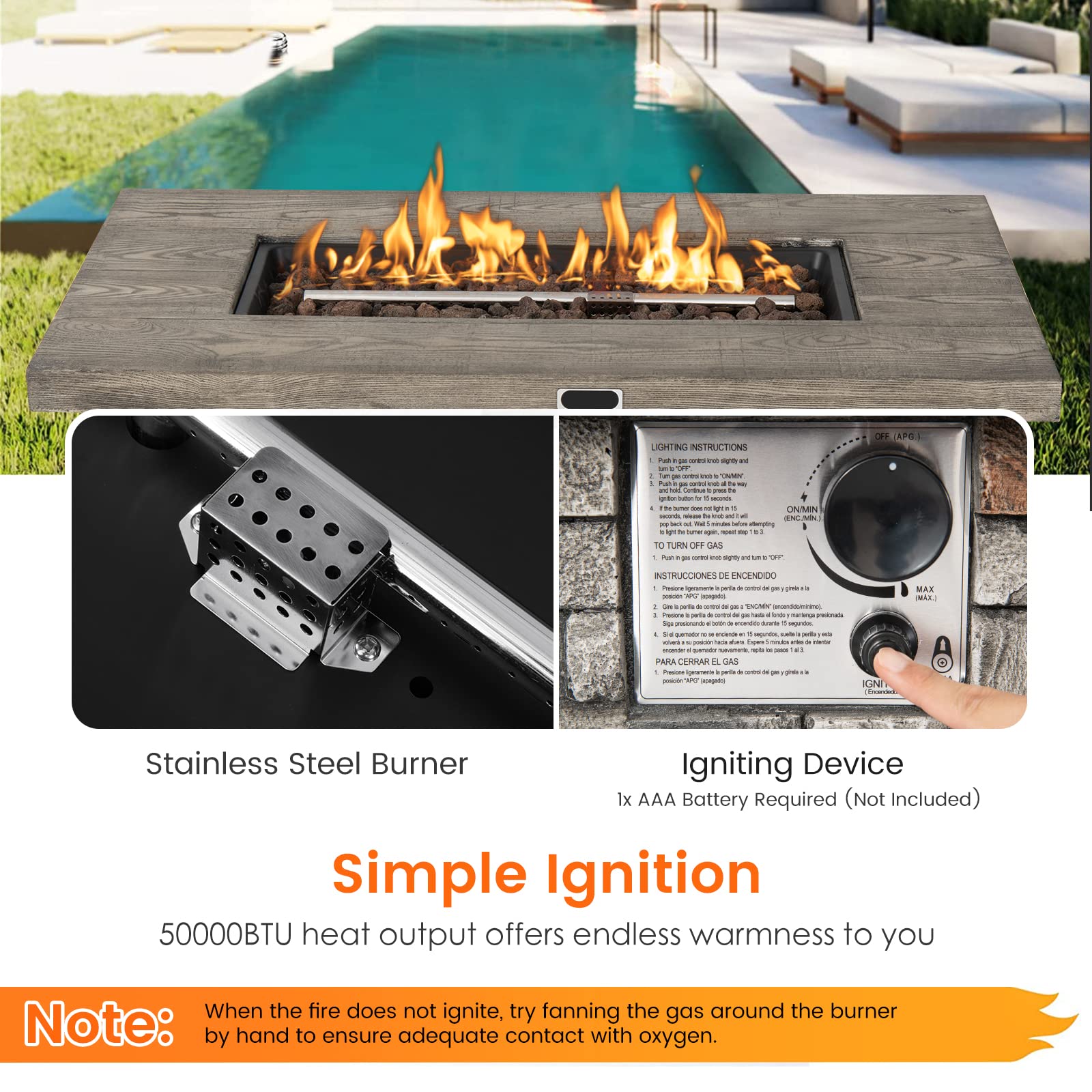 Giantex Propane Fire Pit Table - 2-in-1 Outdoor Rectangle Fire Table W/Volcanic Rock & PVC Cover, Stainless Steel Burner, 50,000 BTU Heat Output, Faux Stone Surface, 43.5β Gas Fire Pits for Outside