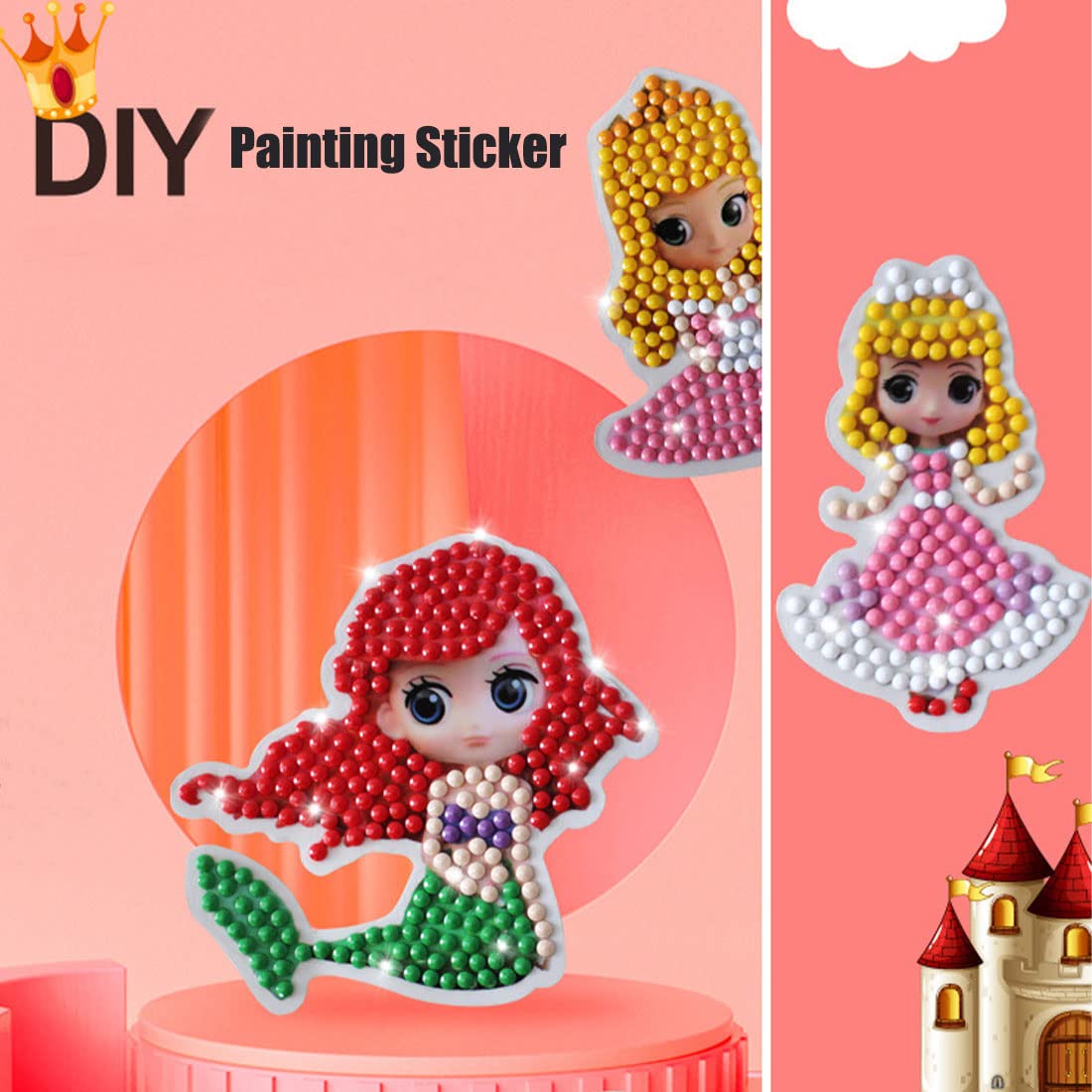 FLYSONG 5D DIY Diamond Art Stickers Kits for Kids, 24 PCS Cute Cartoon Princess Diamond Art Painting Stickers Beads Gem Making for Beginners Children