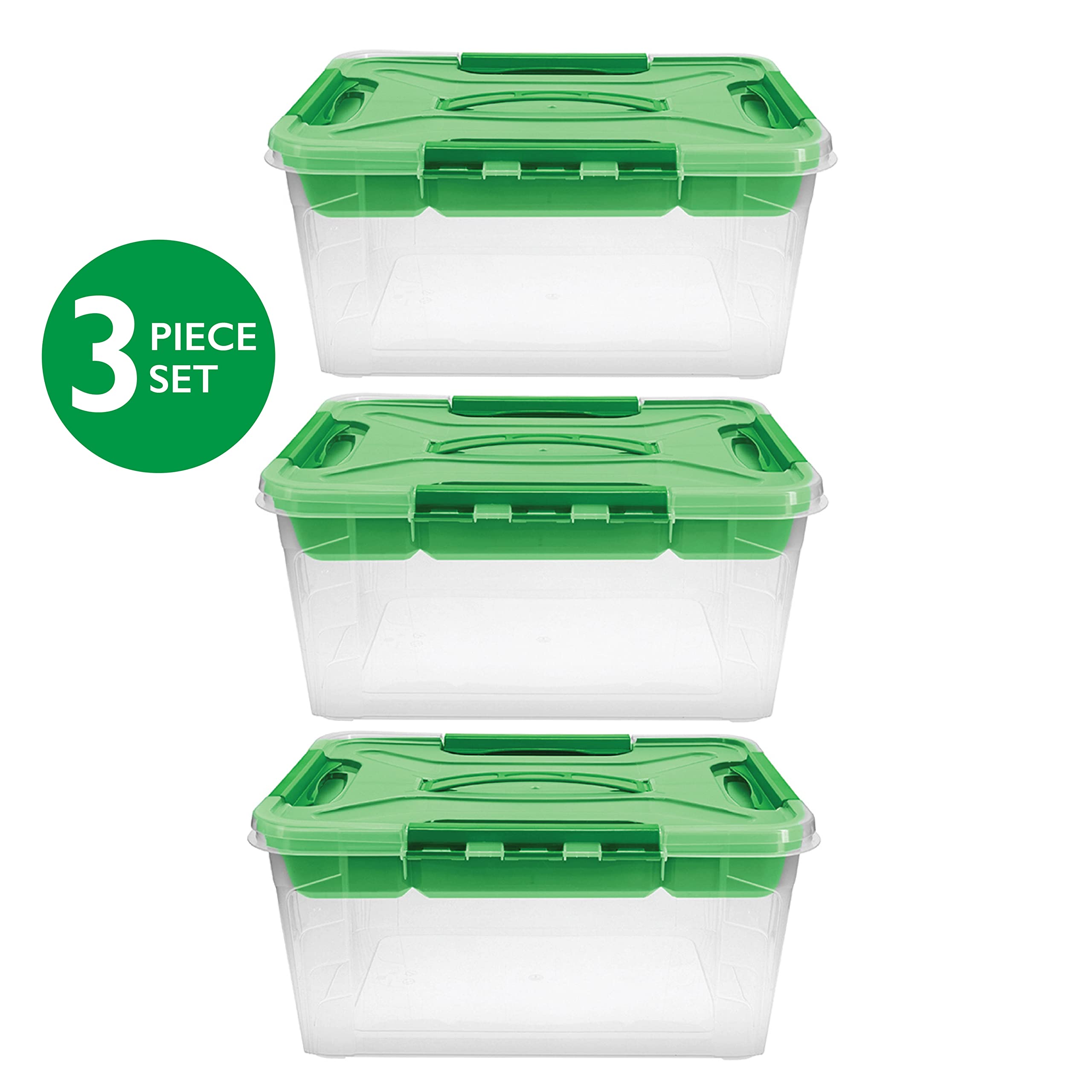 Home+Solutions 3 Piece Container Set - Large Green Plastic Containers, Holiday Storage, 15.35βx11.42βx7β Each