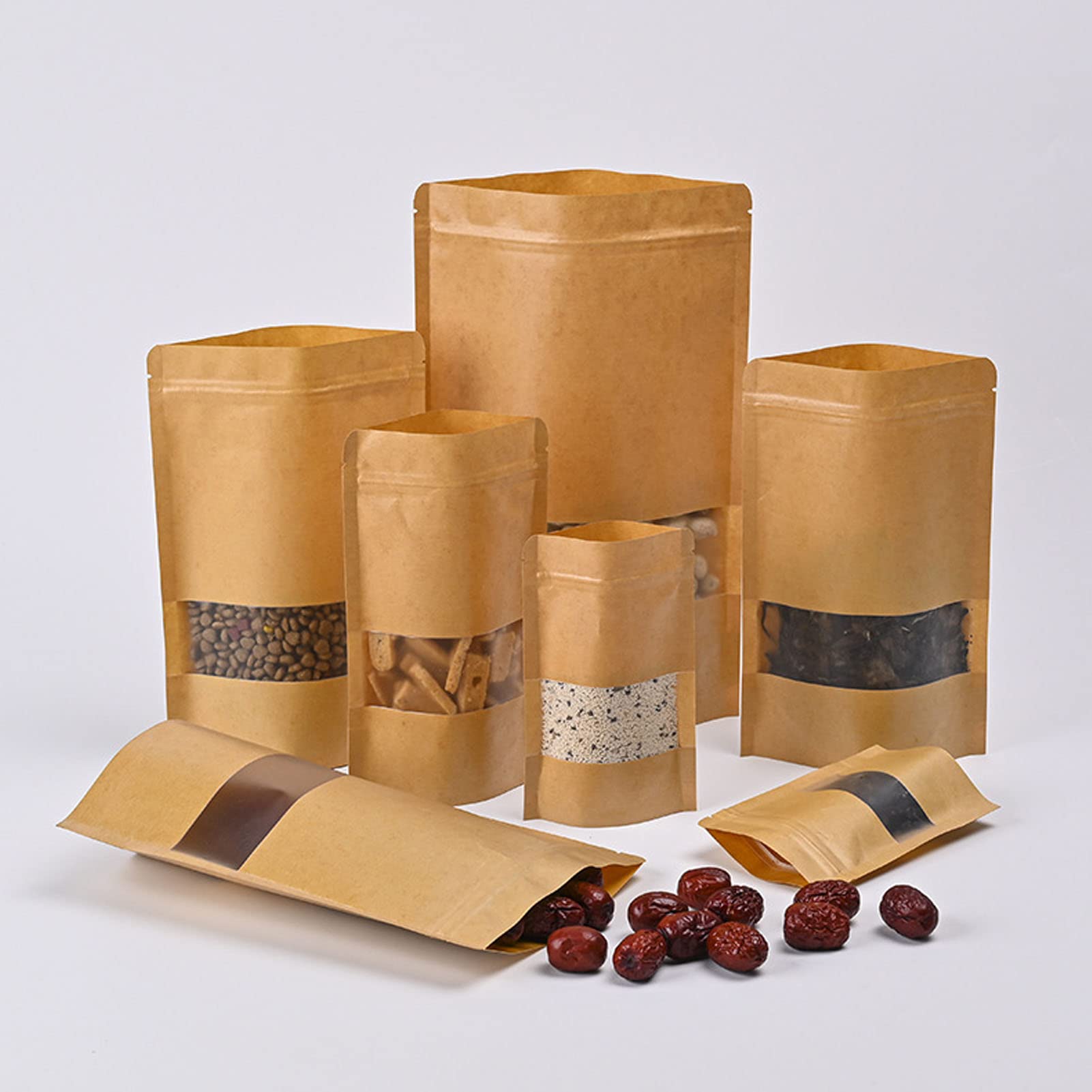 Fafeicy 200Pcs Sealable Bags for Packaging, Kraft Paper Stand Up Pouch Bag with Resealable Zipper and Window for Food and Coffee, 9x14cm