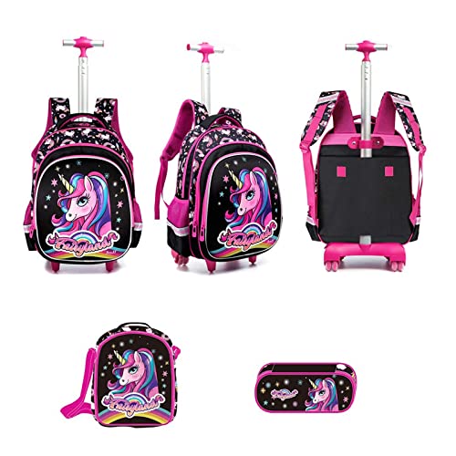 Unicorn Backpacks Trolley Bag Set for Girls, Primary School Bag Wheeled Backpack with Lunch Bag Pencil case Ideal for 1-6 Grade Students