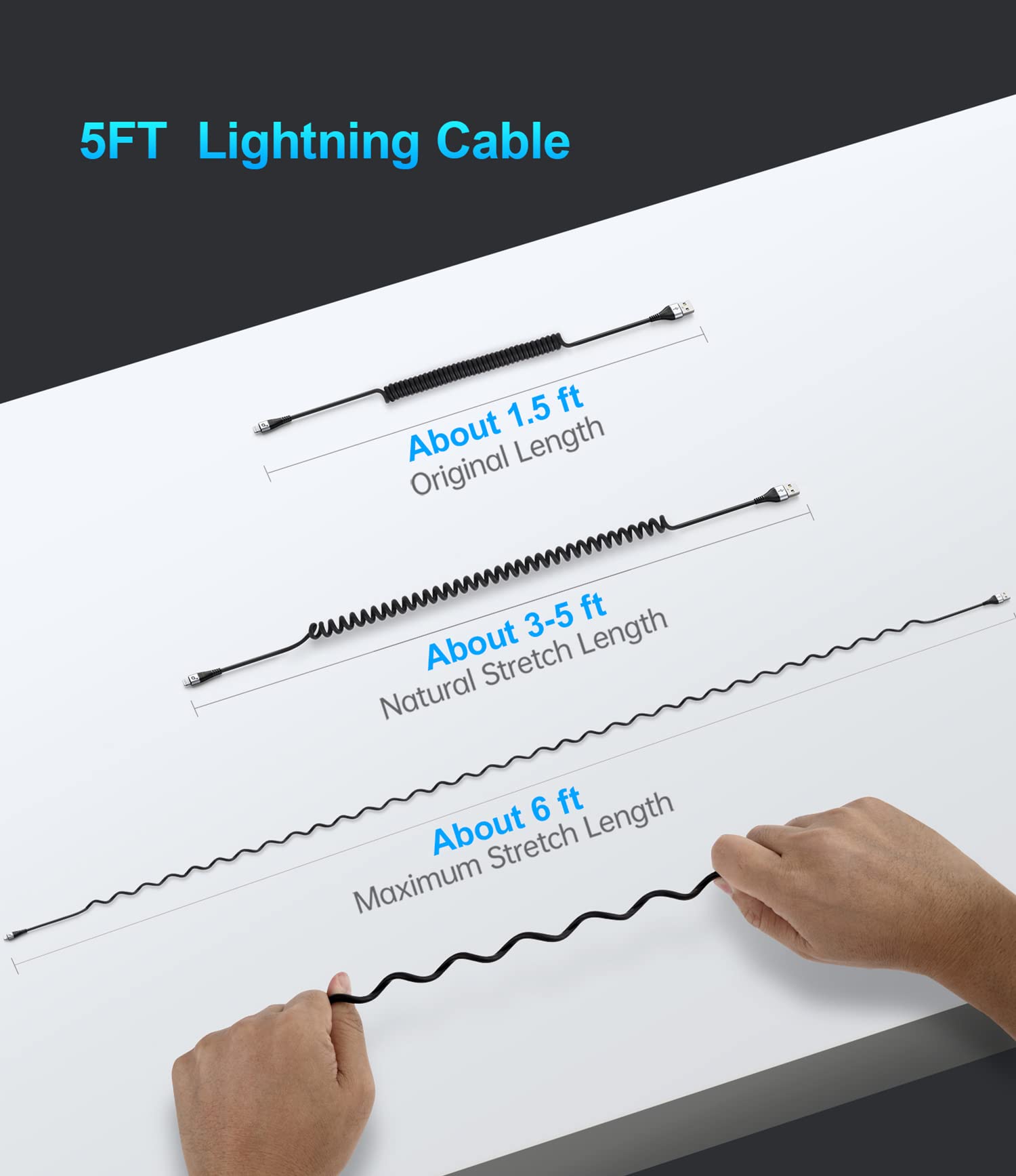 iPhone Charger Cable for Car (3FT/5FT), 2Pack Coiled Lightning Cable, [Apple MFi Certified] Retractable Charging Cord Compatible with iPhone 14/13/12/11 Pro Max/XS MAX/XR/XS/8/iPad/iPod/CarPlay
