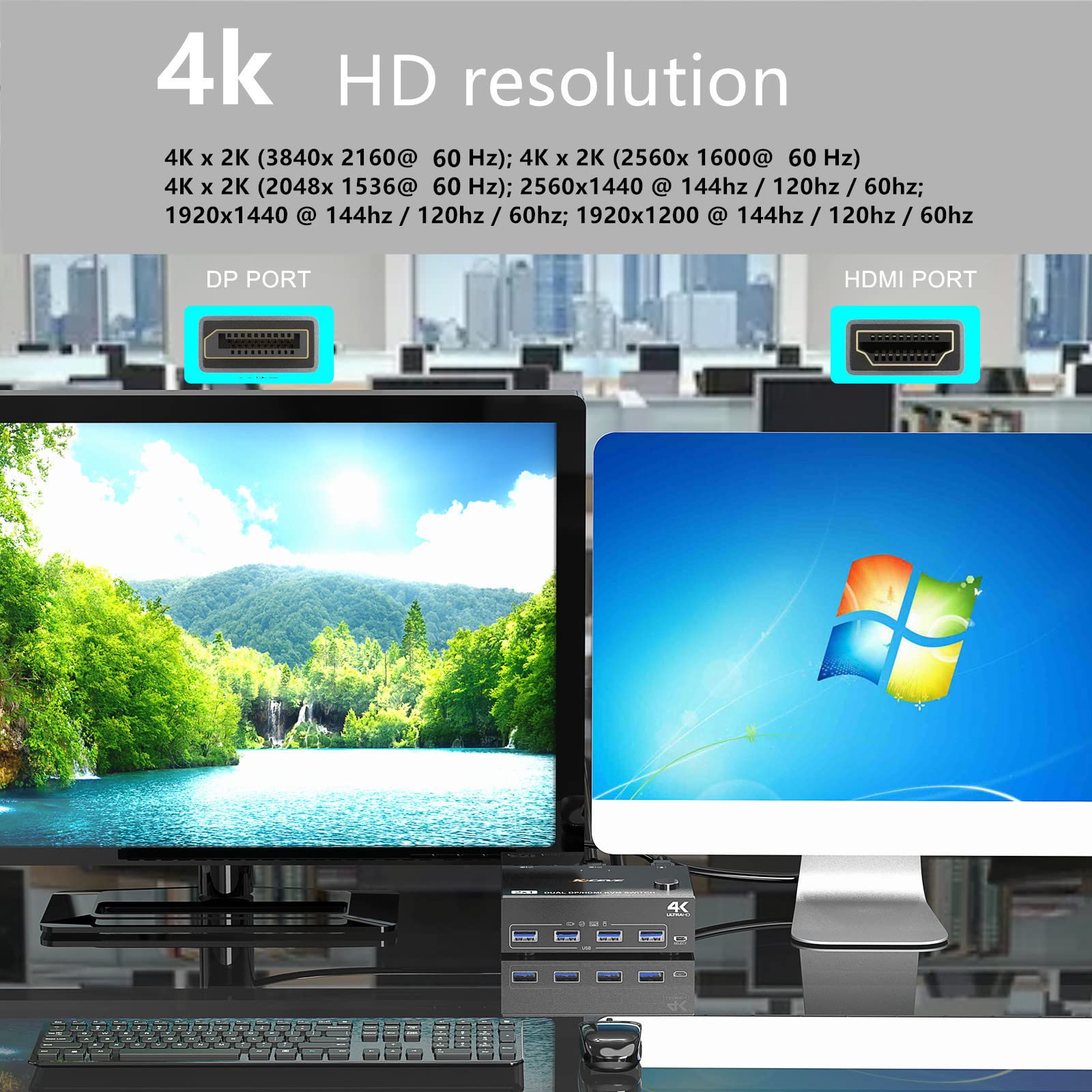 KCEVE DP HDMI USB 3.0 KVM Switch 2 Computer 2 Monitors, Dual Monitors Displayport KVM Switcher Supports 4K@60Hz for 2 Computers Share Keyboard, Mouse and Monitor